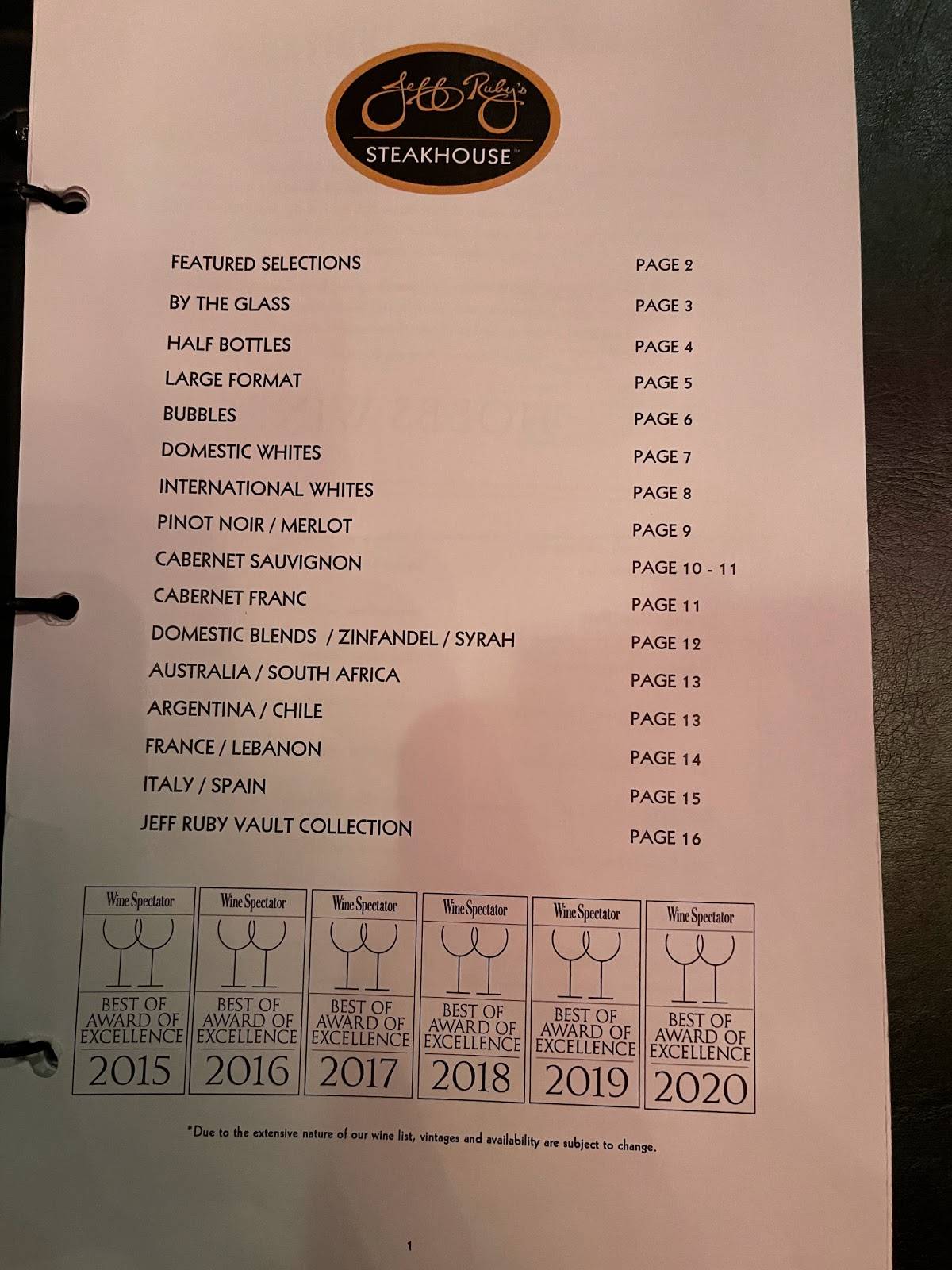Menu at Jeff Ruby's Steakhouse, Louisville, Louisville