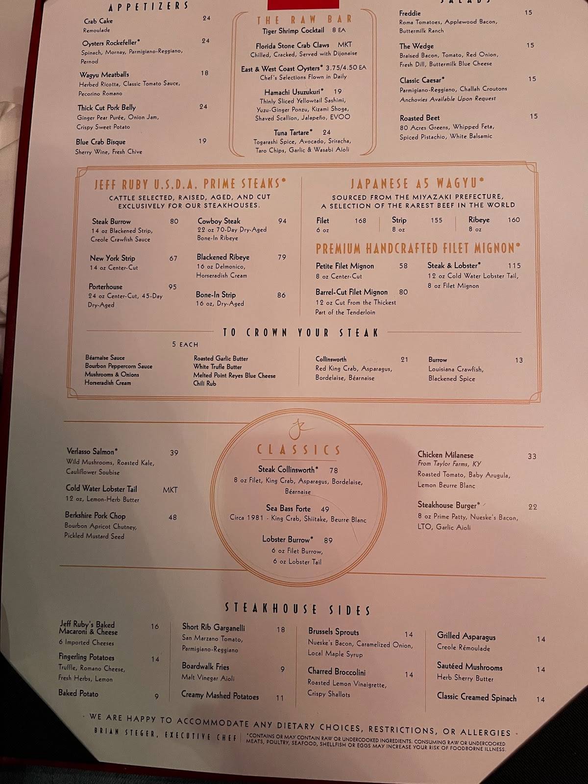 Menu at Jeff Ruby's Steakhouse, Louisville, Louisville
