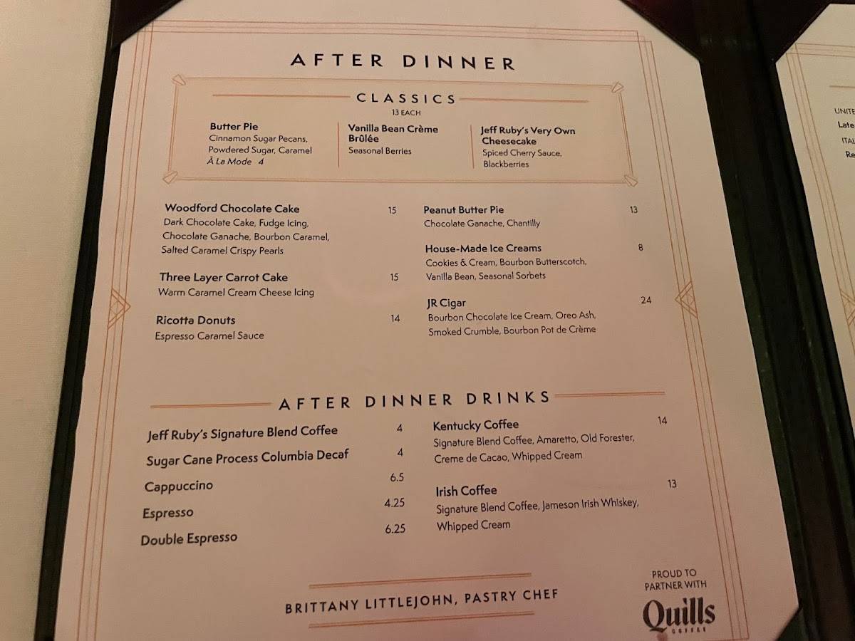 Menu at Jeff Ruby's Steakhouse, Louisville, Louisville