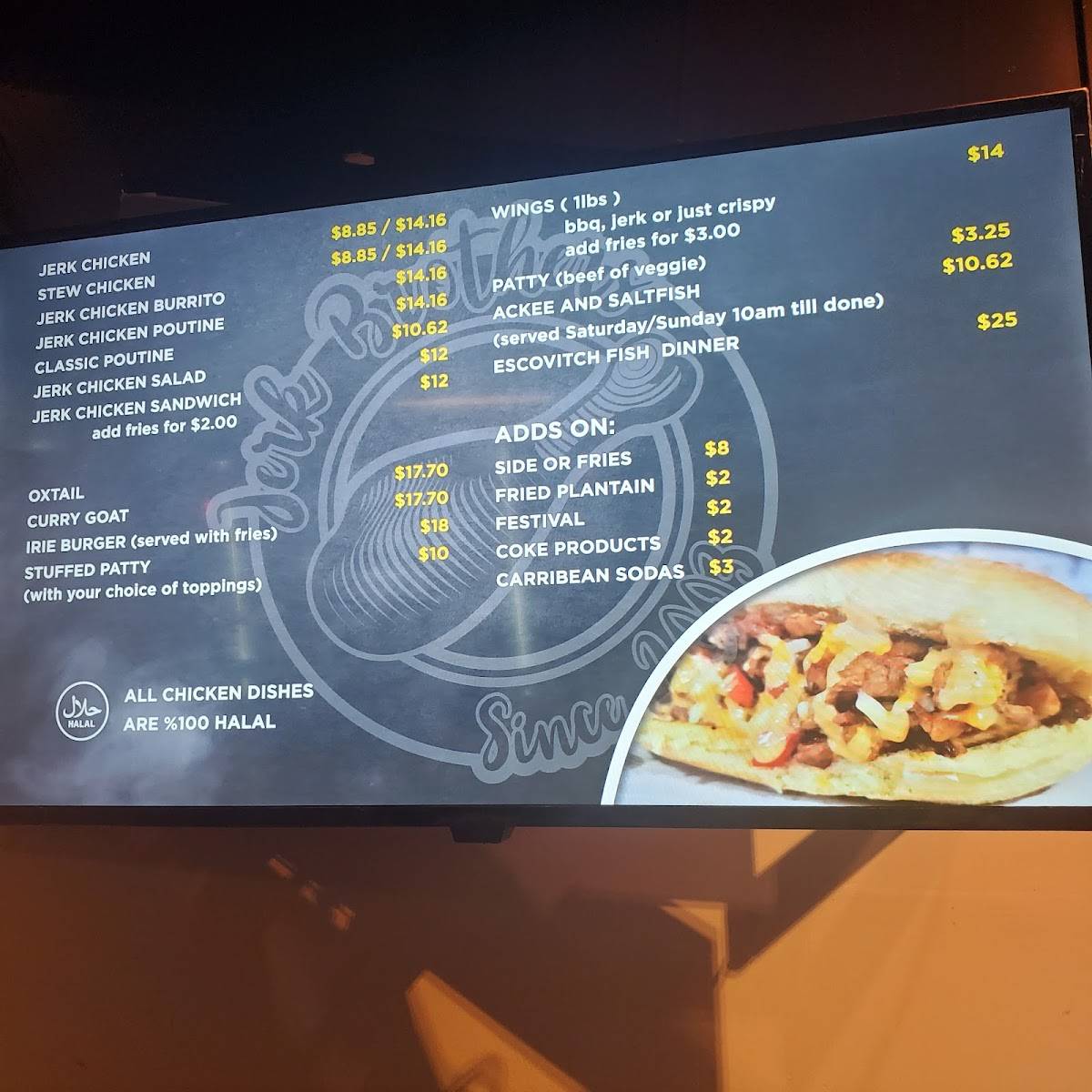 Menu at Jerk Brothers restaurant, Mississauga