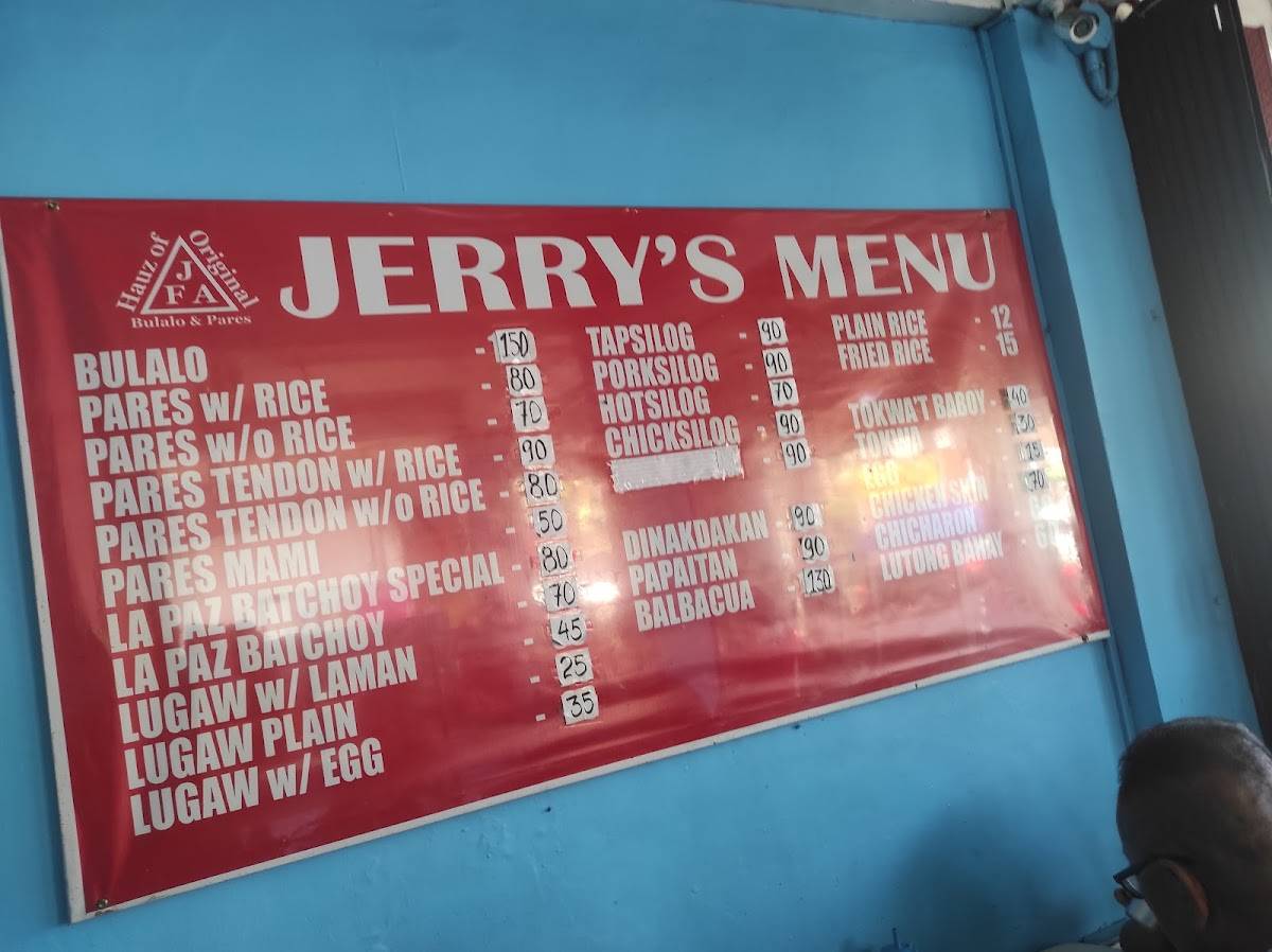 Menu at Jerry's Pares and Bulalohan restaurant, Makati