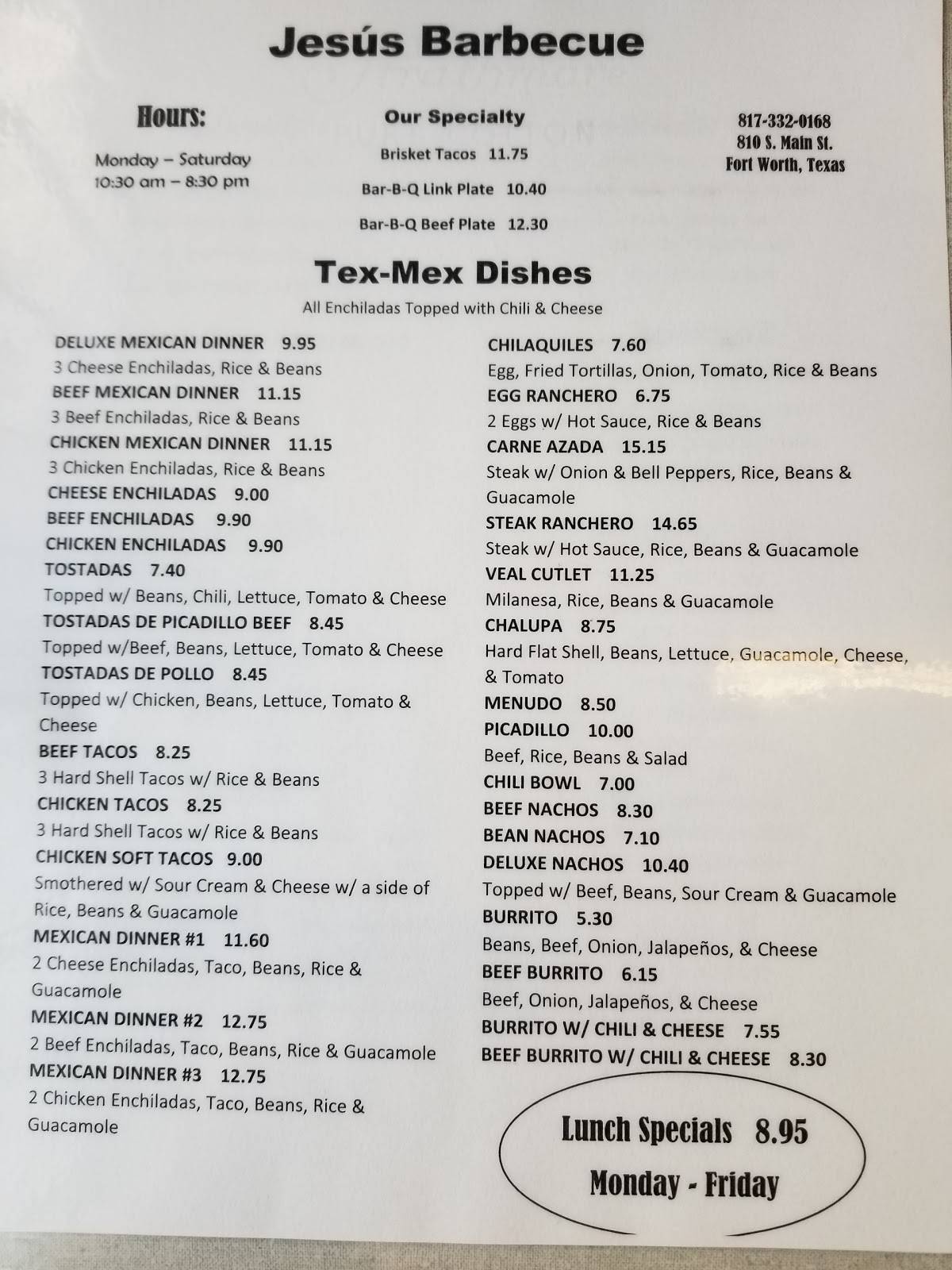 Menu at Jesus BBQ, Fort Worth