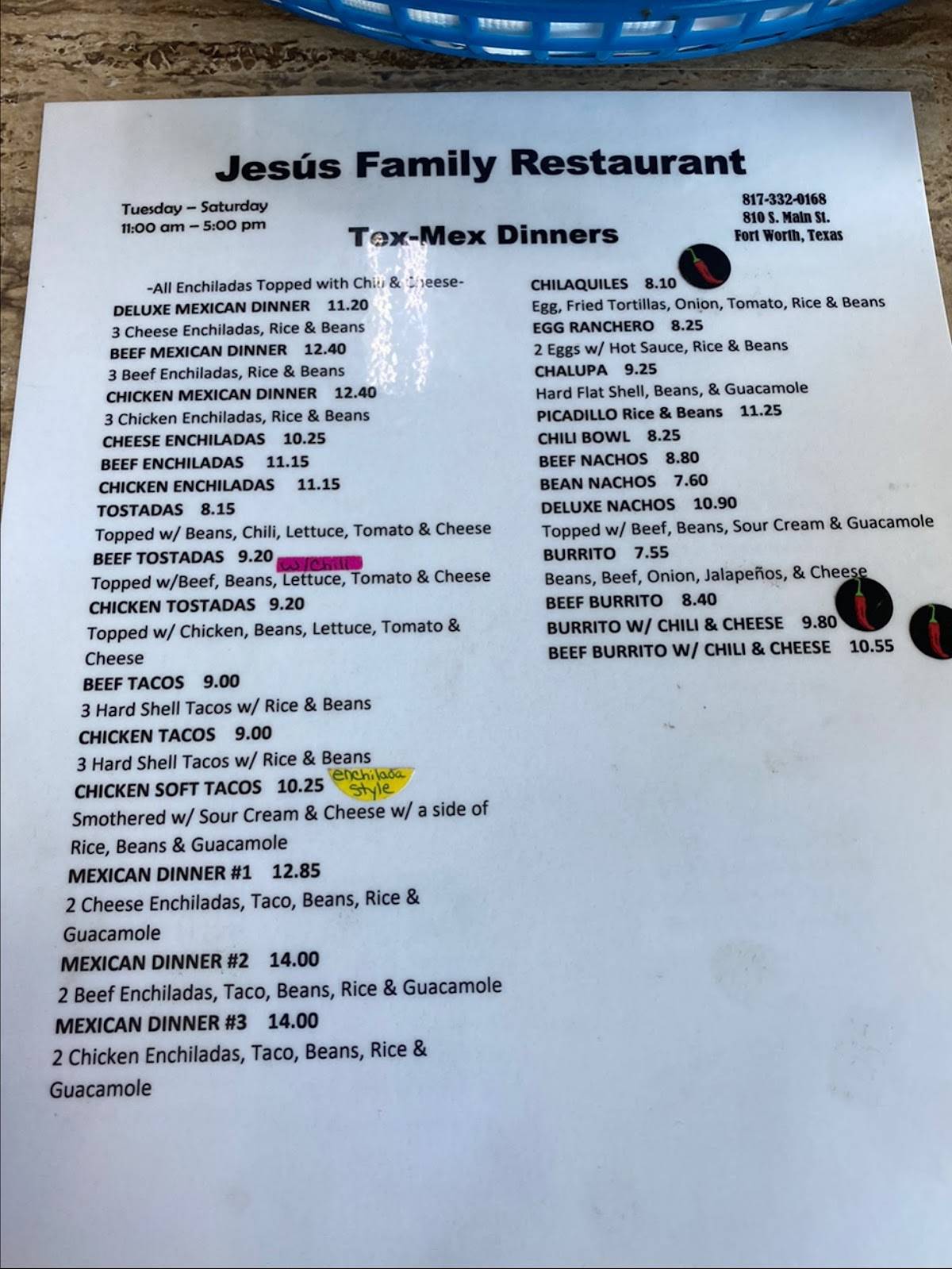 Menu at Jesus BBQ, Fort Worth