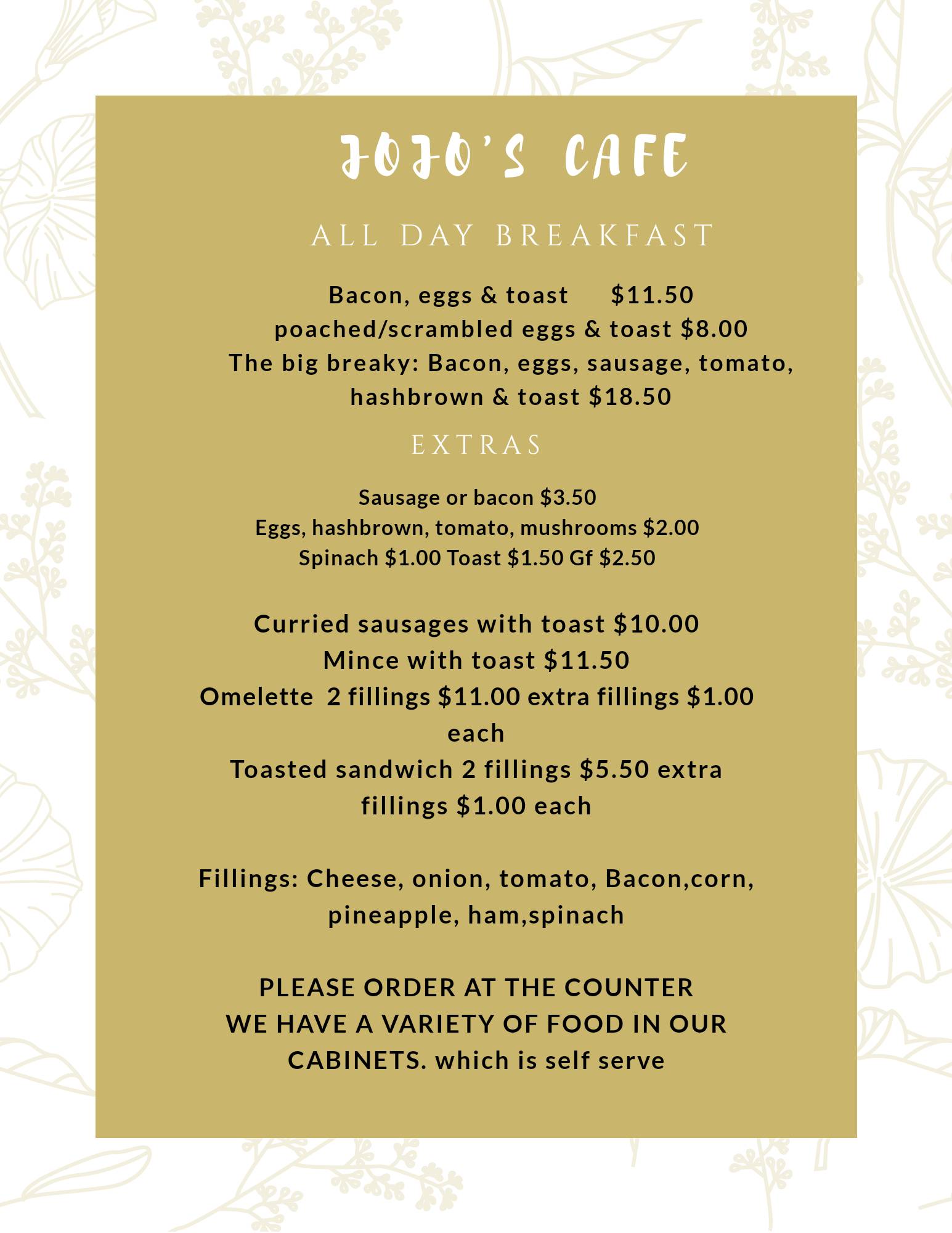 Menu at Jojo's Cafe, Paraparaumu