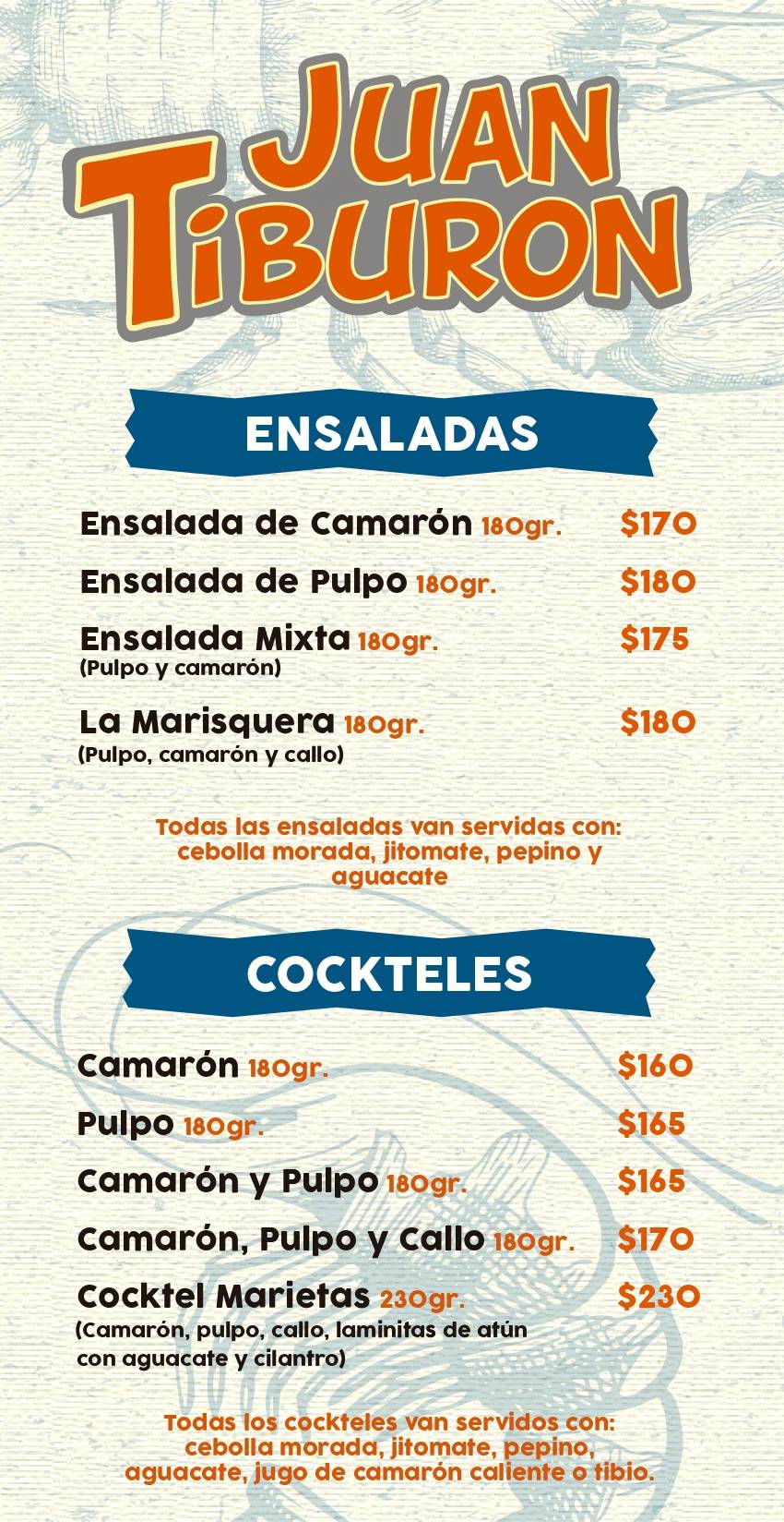 Menu at Juan Tiburón restaurant, Puerto Vallarta, Viena 131