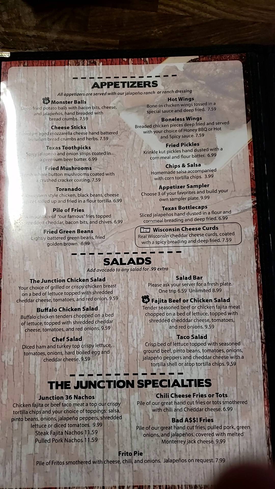 Menu at Junction on Route 36 pub & bar, Gatesville, TX-36 N
