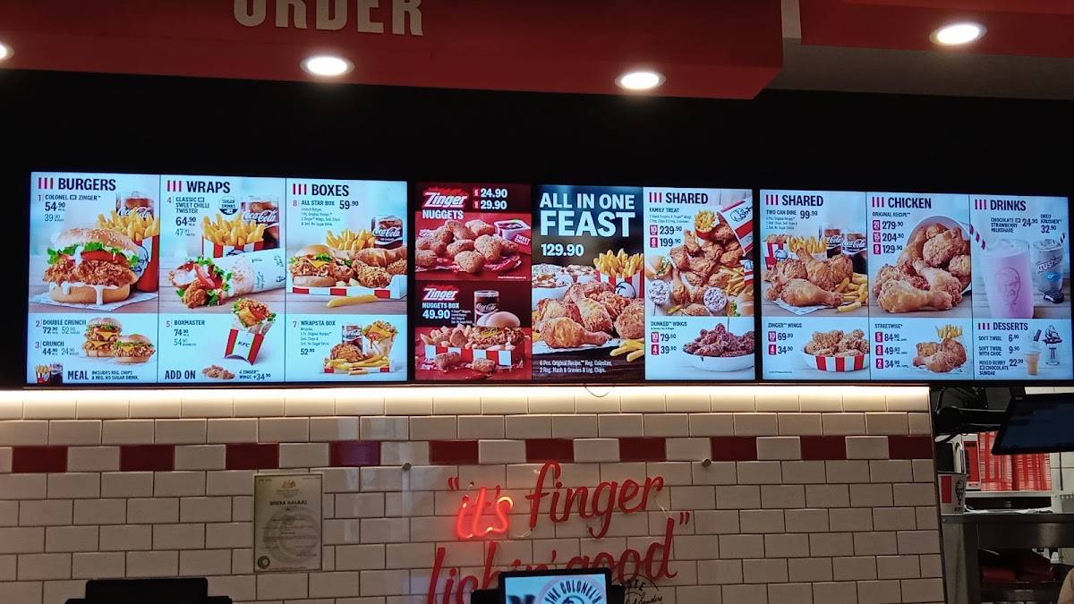 Menu au KFC Darwin Centre restaurant, Le Cap