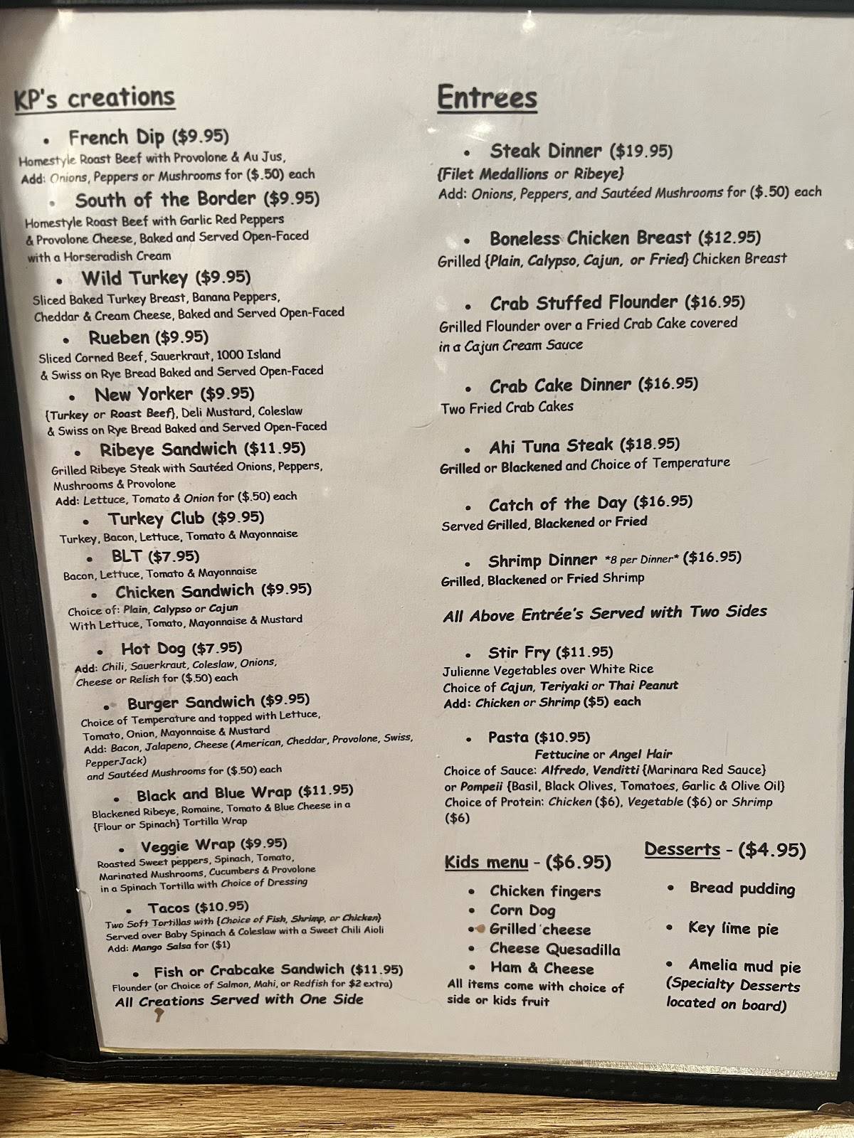 Menu at KP's restaurant, Fernandina Beach