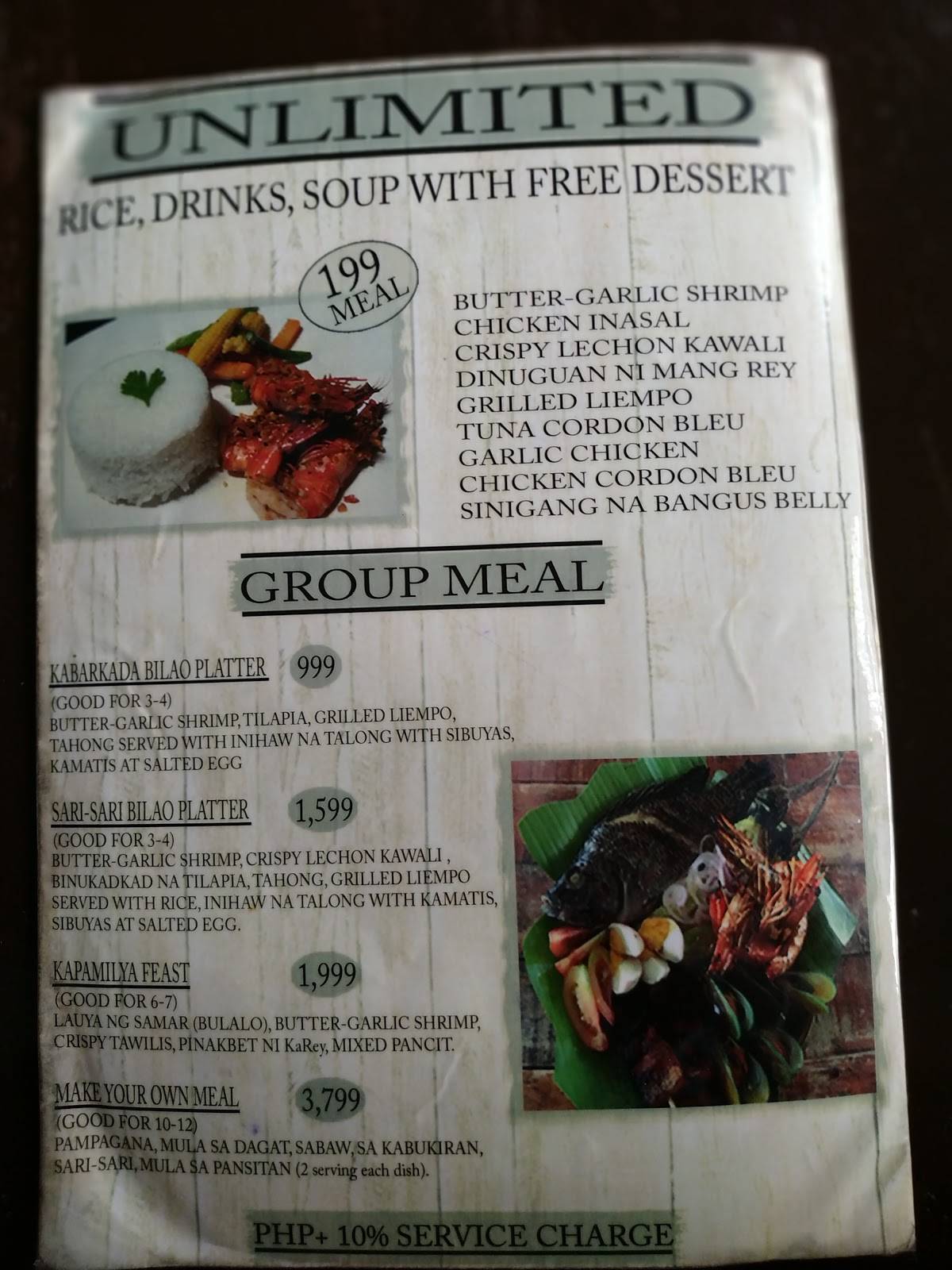 Carta de Ka Rey Seafood Restaurant, Tagaytay
