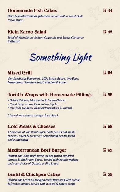 Menu at Kafe Serefe restaurant, George