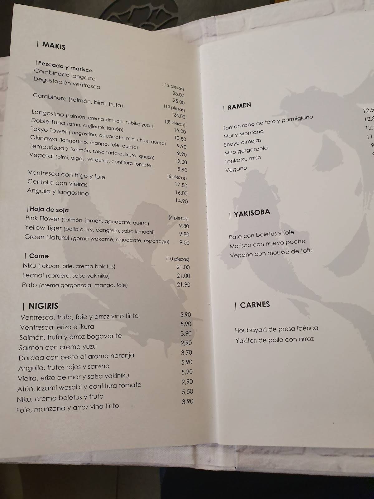 Menu at Kamon restaurant, Valencia, Carrer del Comte d'Altea
