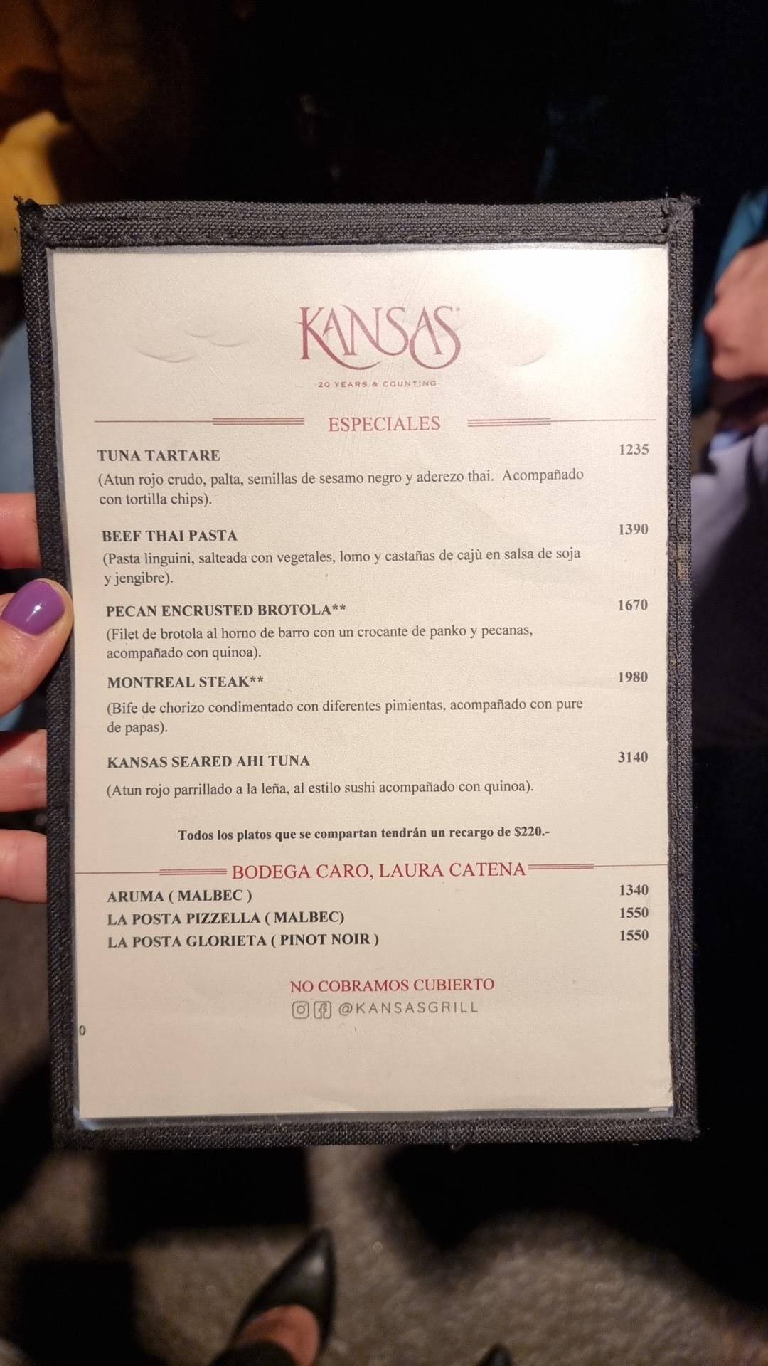 Carta del restaurante Kansas, San Isidro, Av. del Libertador 15089