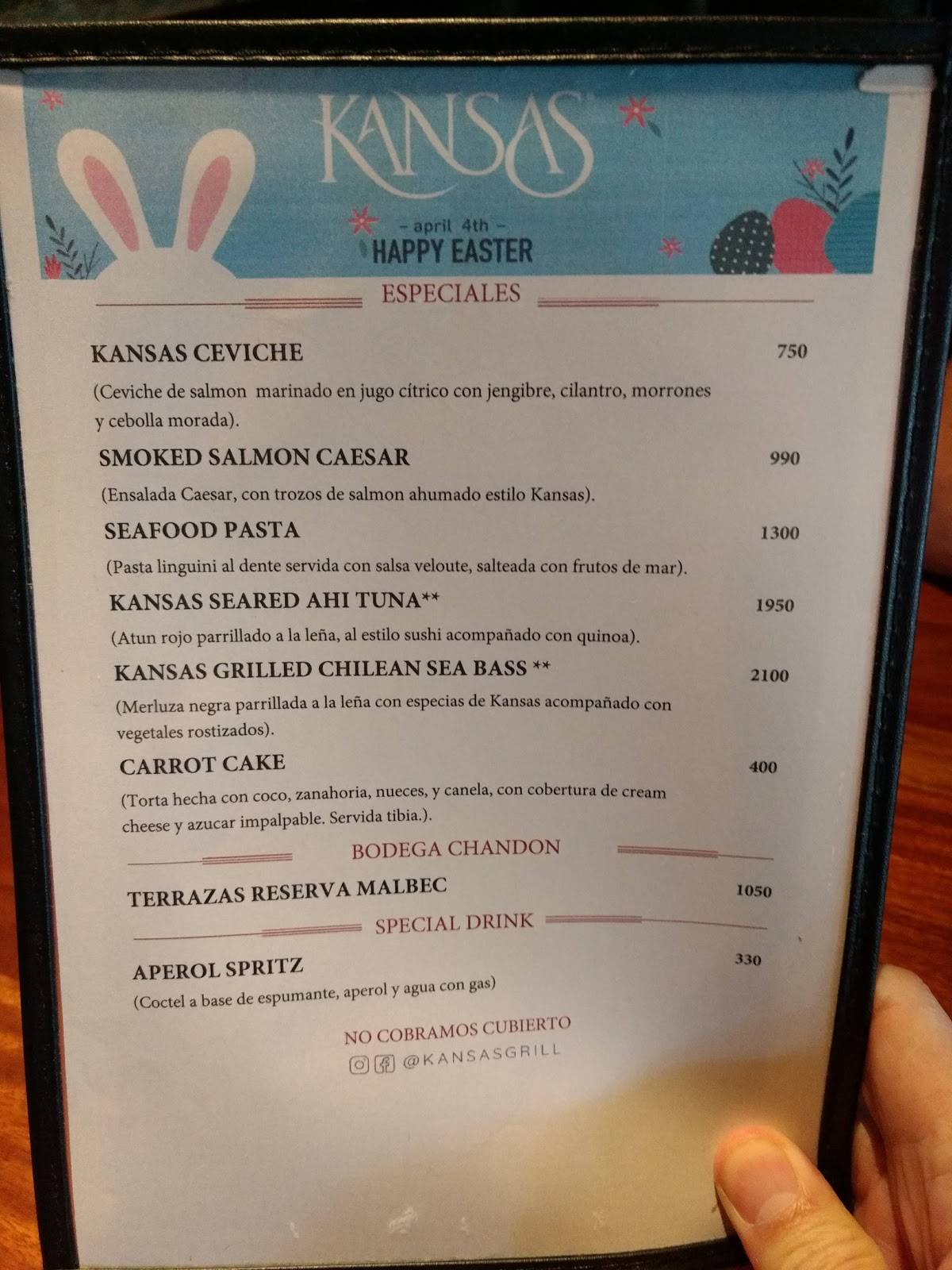 Carta del restaurante Kansas, San Isidro, Av. del Libertador 15089