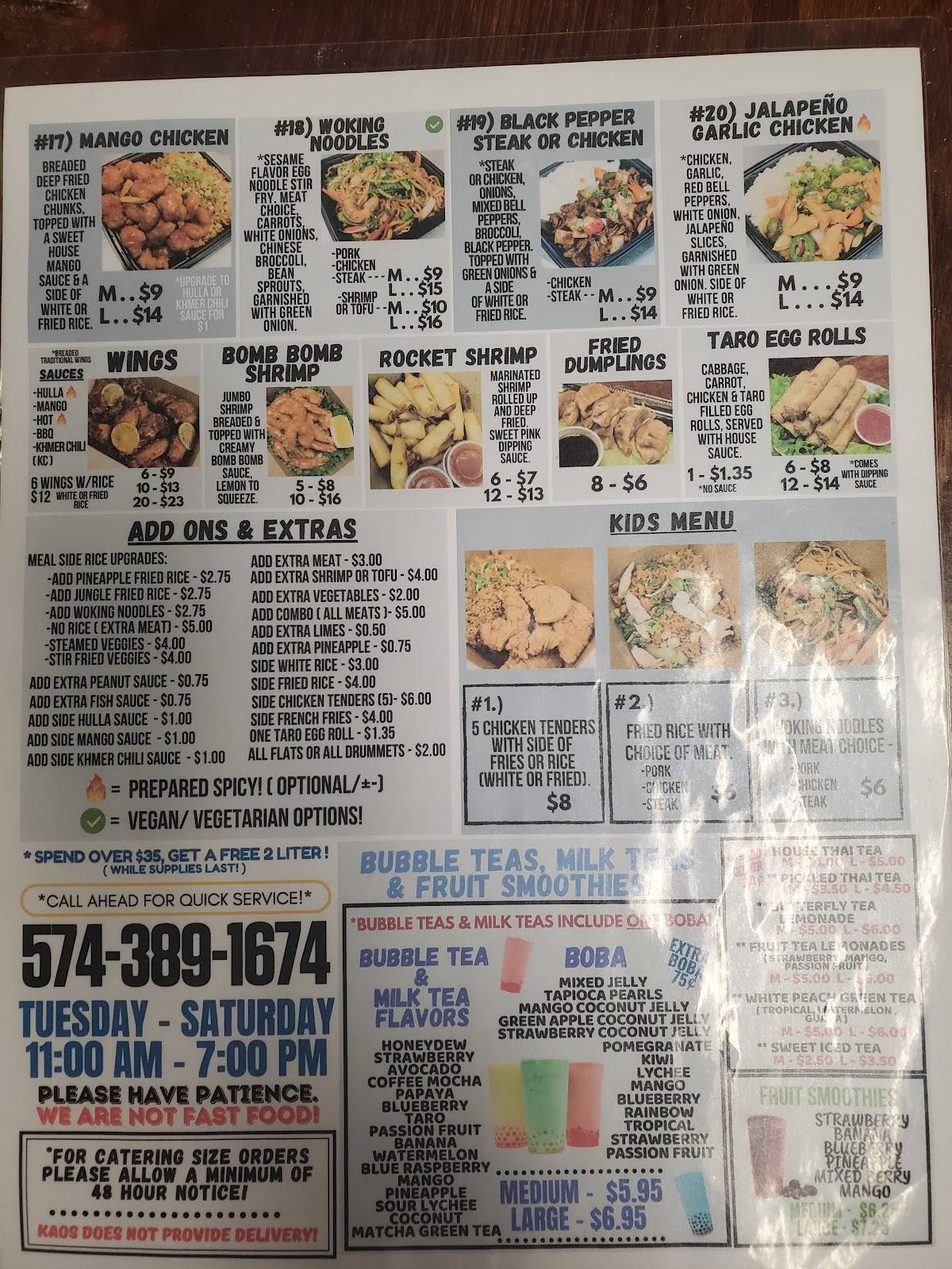 Menu at Kao's restaurant, Elkhart