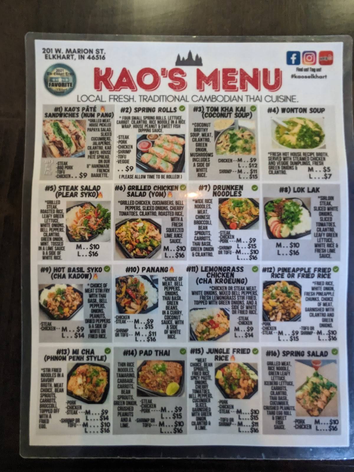 Menu at Kao's restaurant, Elkhart