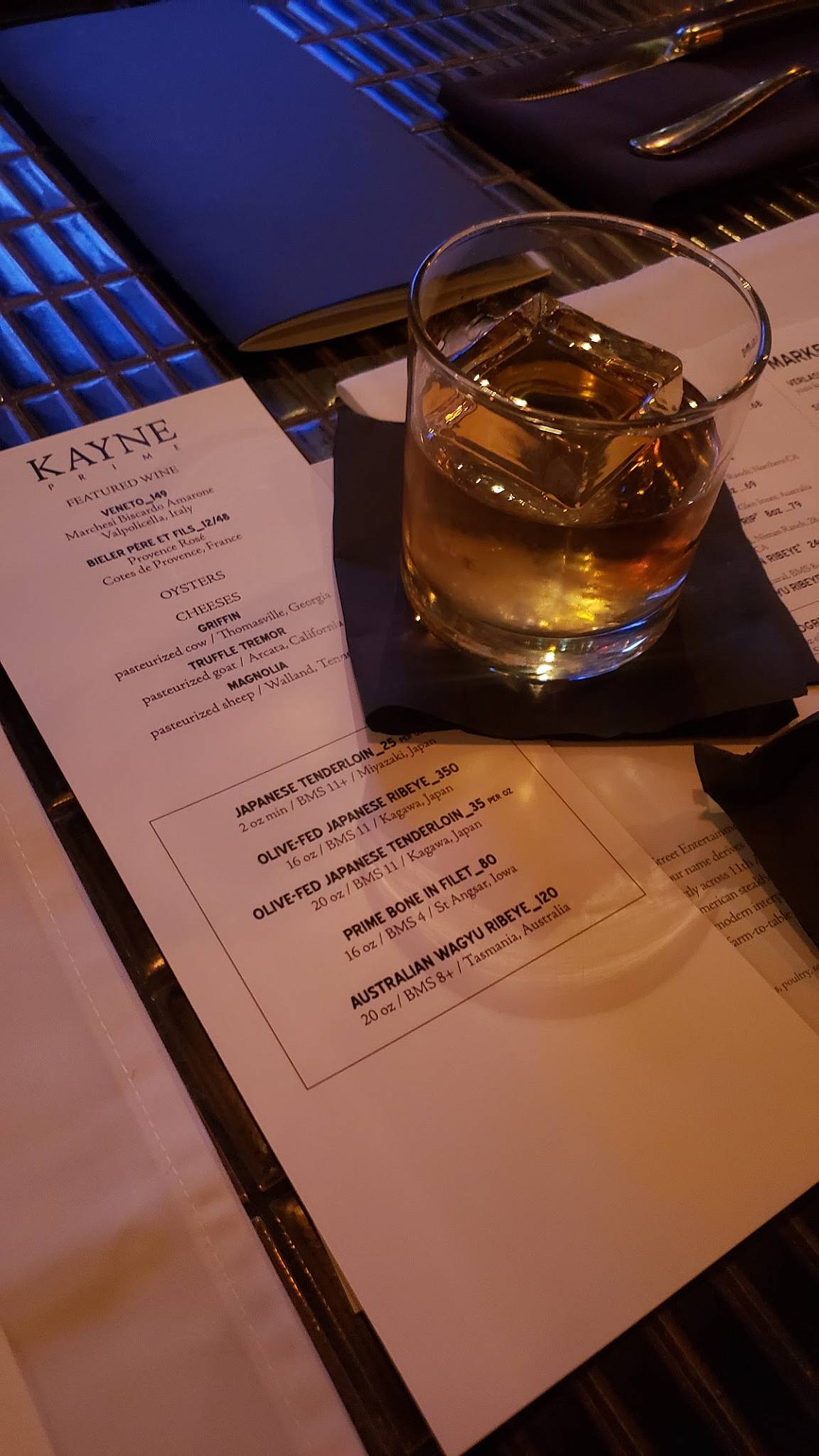 Menu at Kayne Prime Steakhouse, Nashville