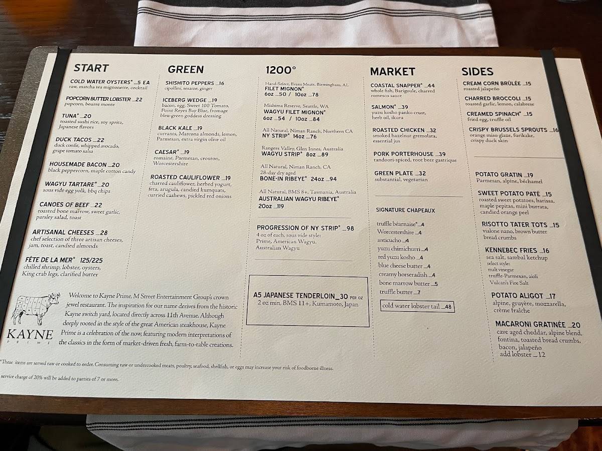 Menu at Kayne Prime Steakhouse, Nashville
