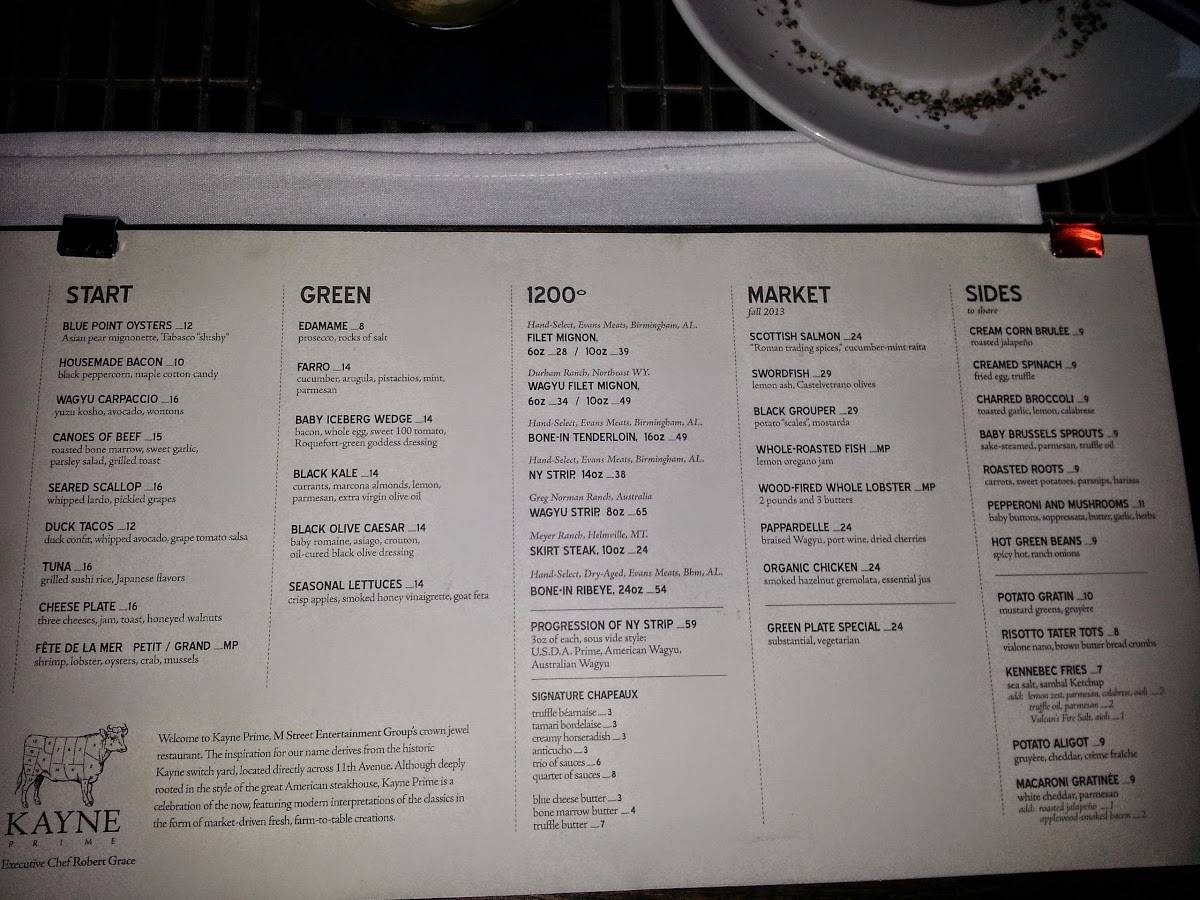 Menu at Kayne Prime Steakhouse, Nashville