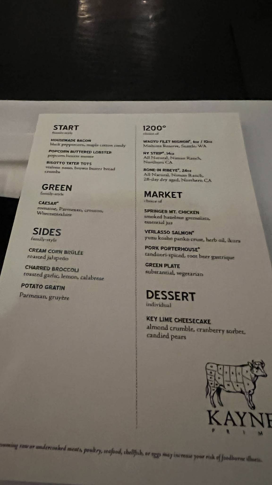 Menu at Kayne Prime Steakhouse, Nashville