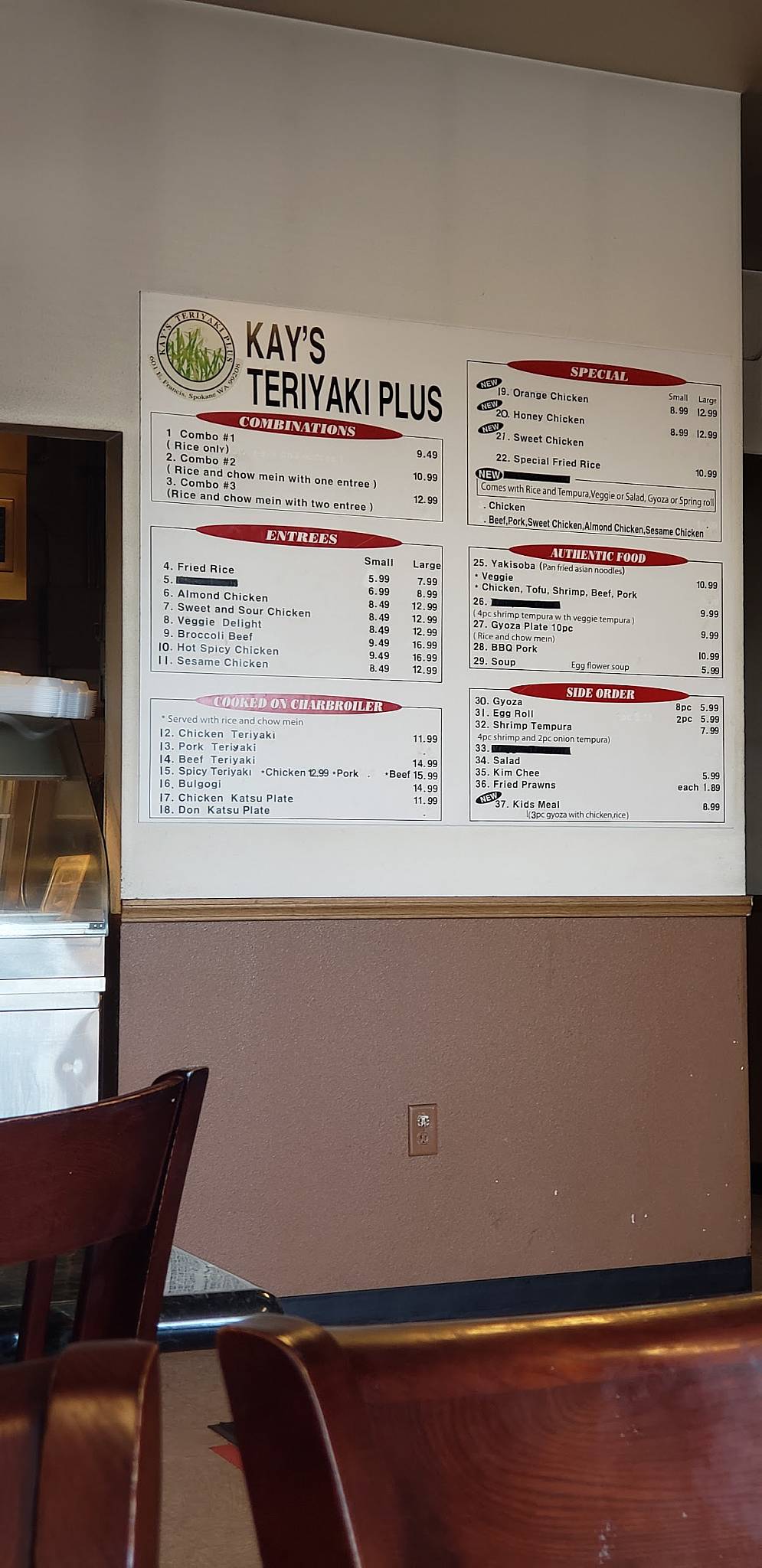 Menu at Kay's Teriyaki Plus restaurant, Spokane