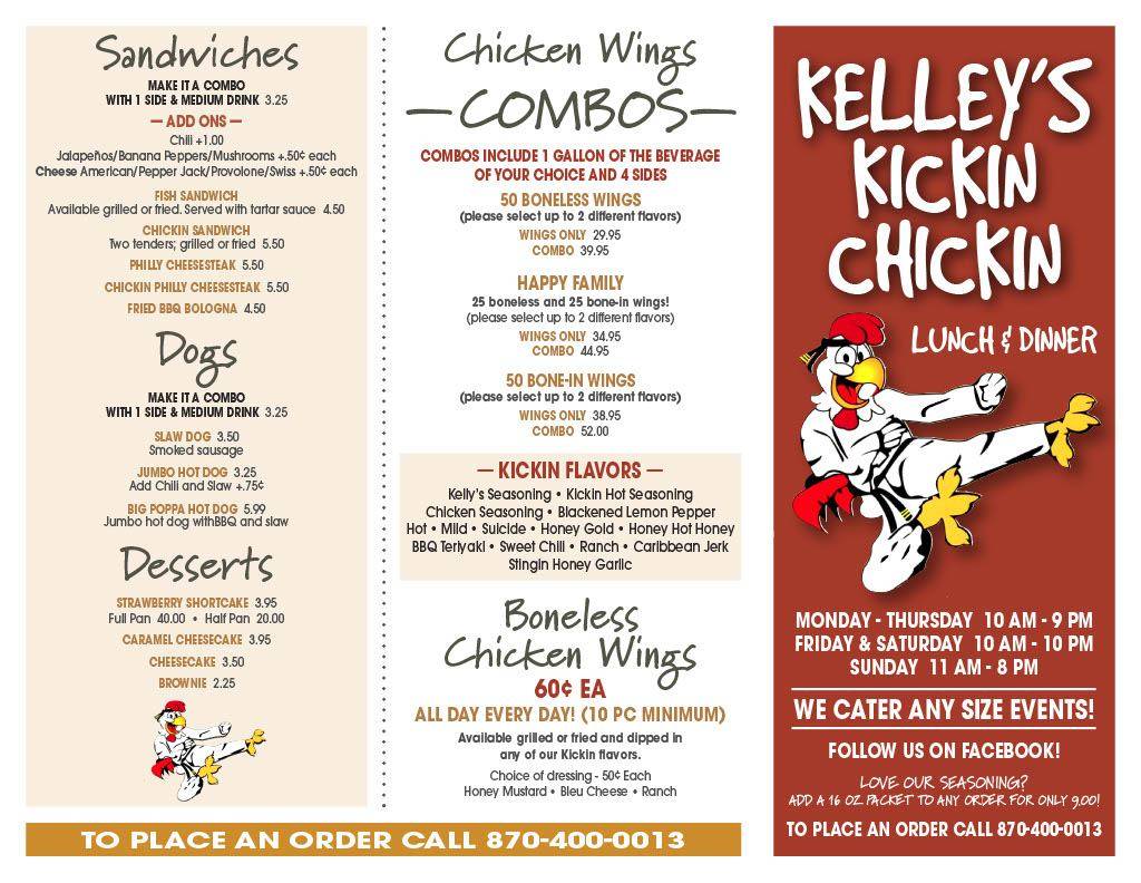 Menu at Kelley's Kickin Chicken restaurant, West Memphis