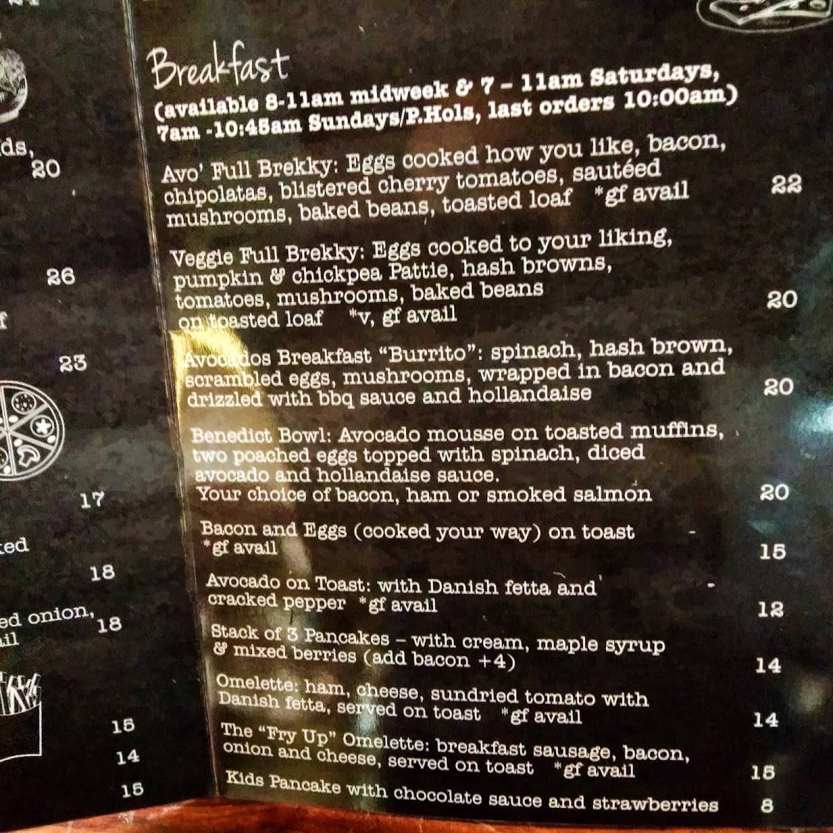 Menu at Avocados Bar & Café, Kelmscott