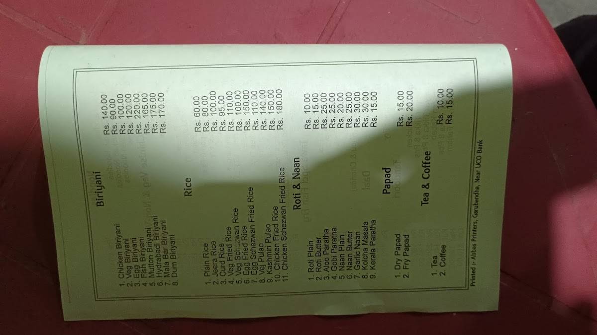 Menu at Kerala food court restaurant air force road misamari assam, India