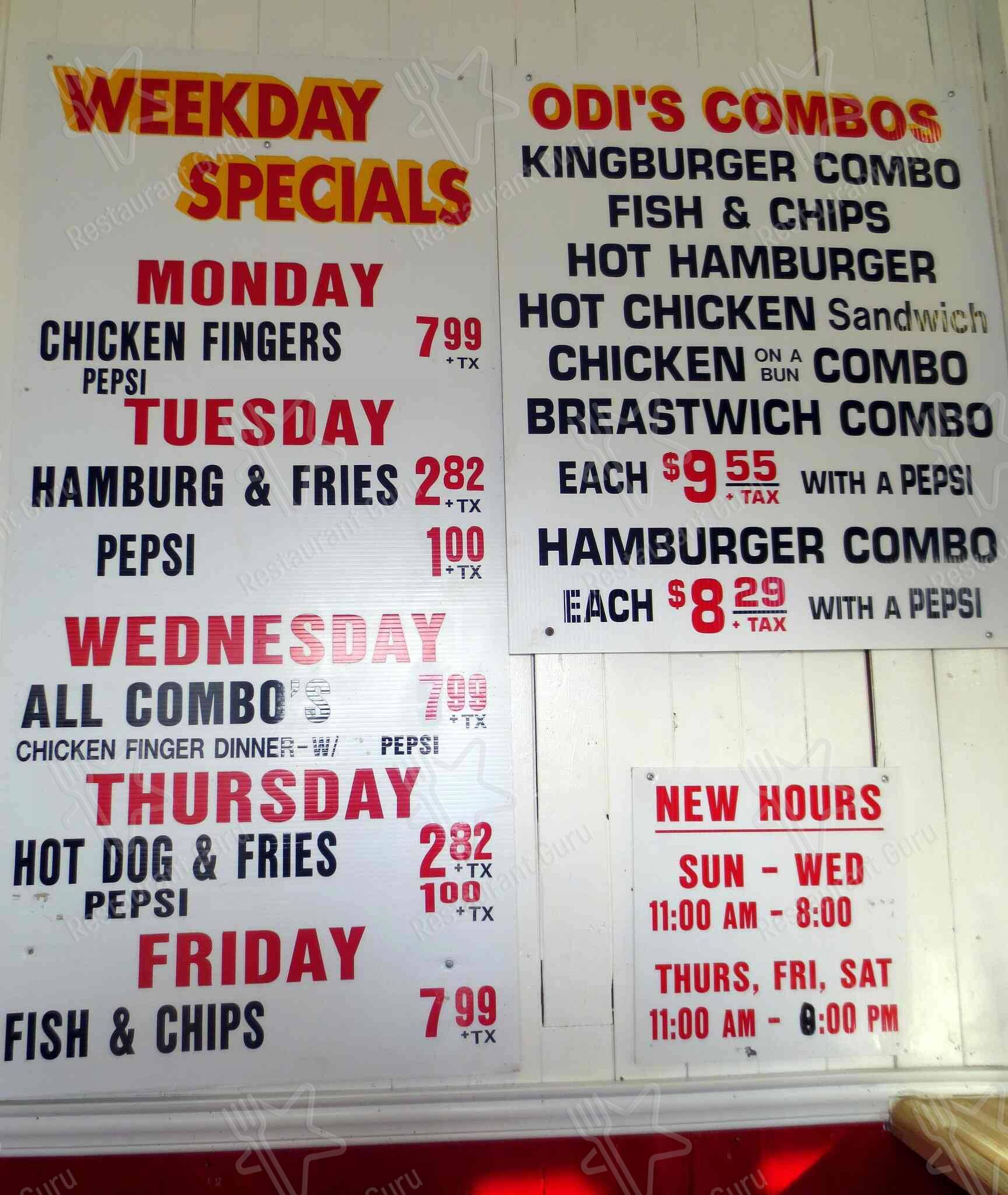 Menu at Odi's Kingburger Drive-In fast food, Renfrew