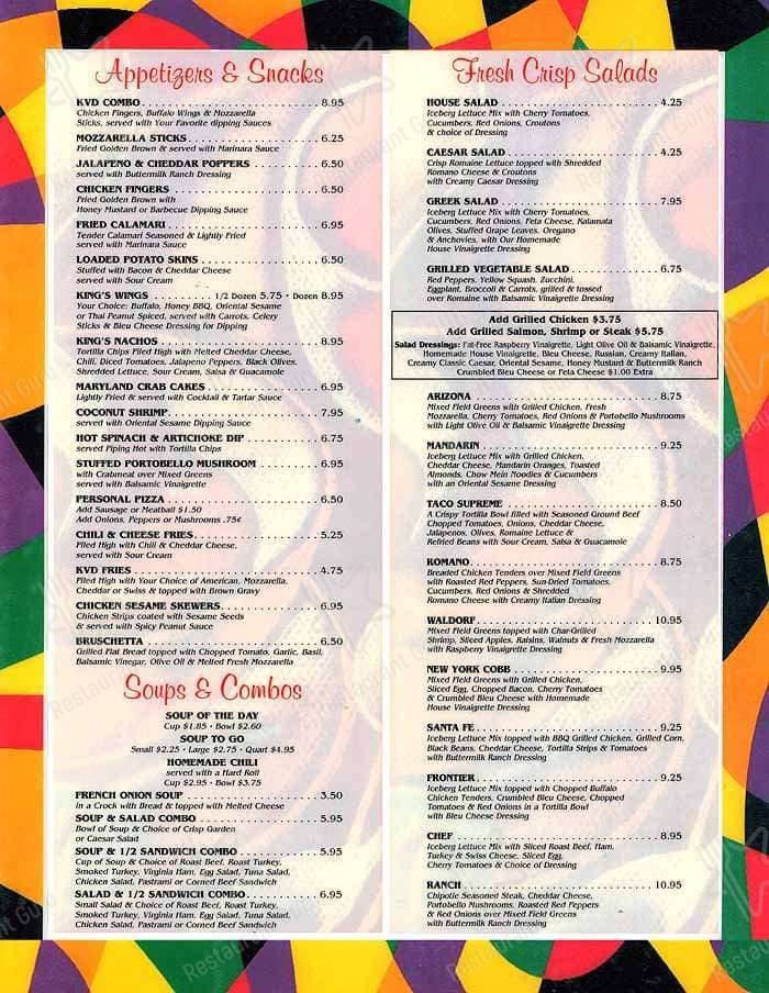 Menu at Kings Valley Diner restaurant, Kingston