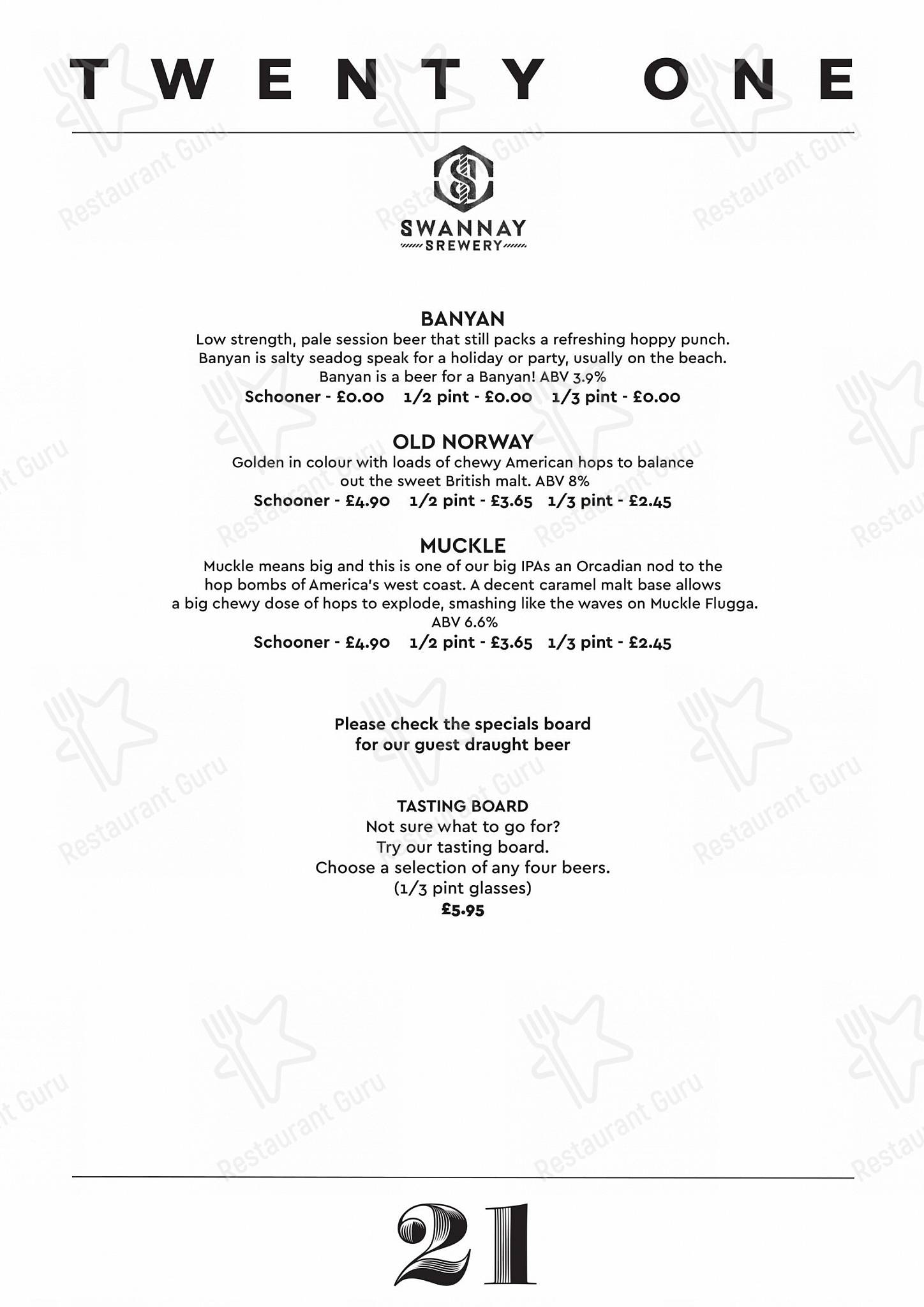 Menu at Twenty One restaurant, Kirkwall