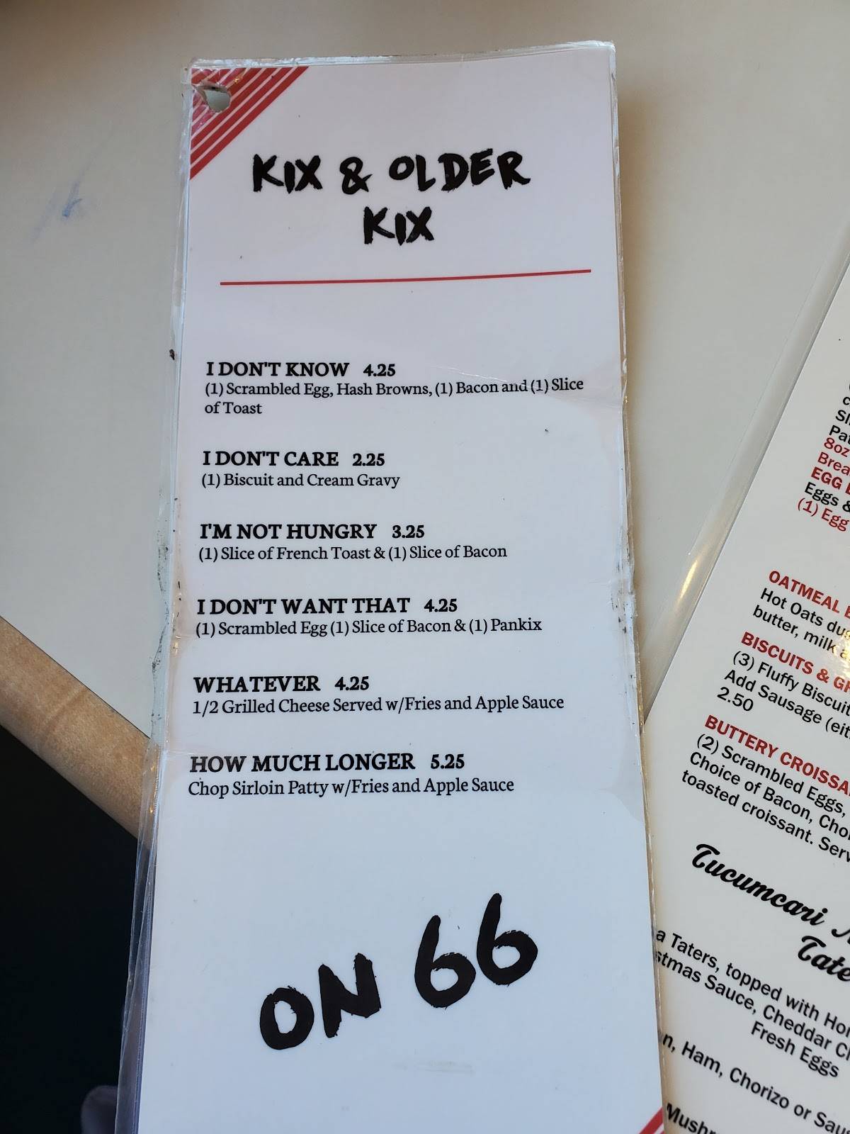 Menu at Kix On 66 restaurant, Tucumcari