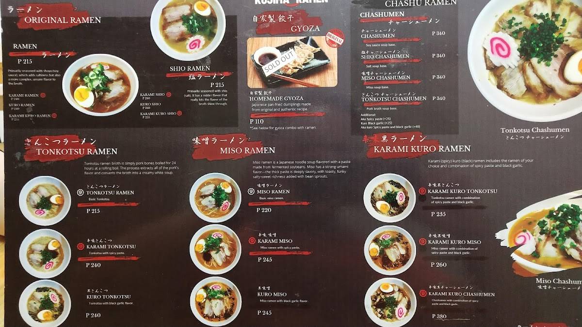 Menu at Kojima Ramen restaurant, Quezon City