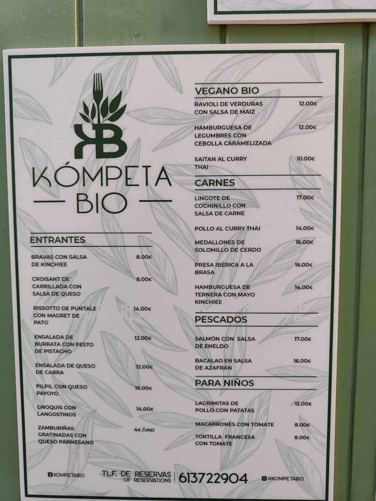 Carta del restaurante Kompeta Bio, Cómpeta
