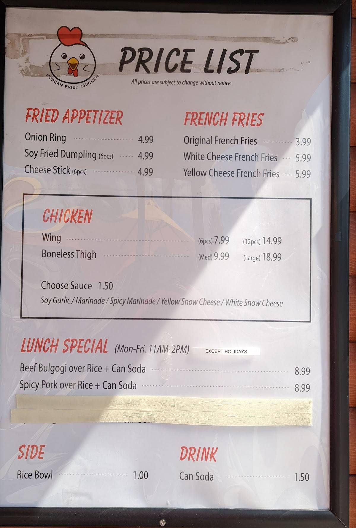 Menu at Korean Fried Chicken (Fort Wayne) restaurant, Fort Wayne