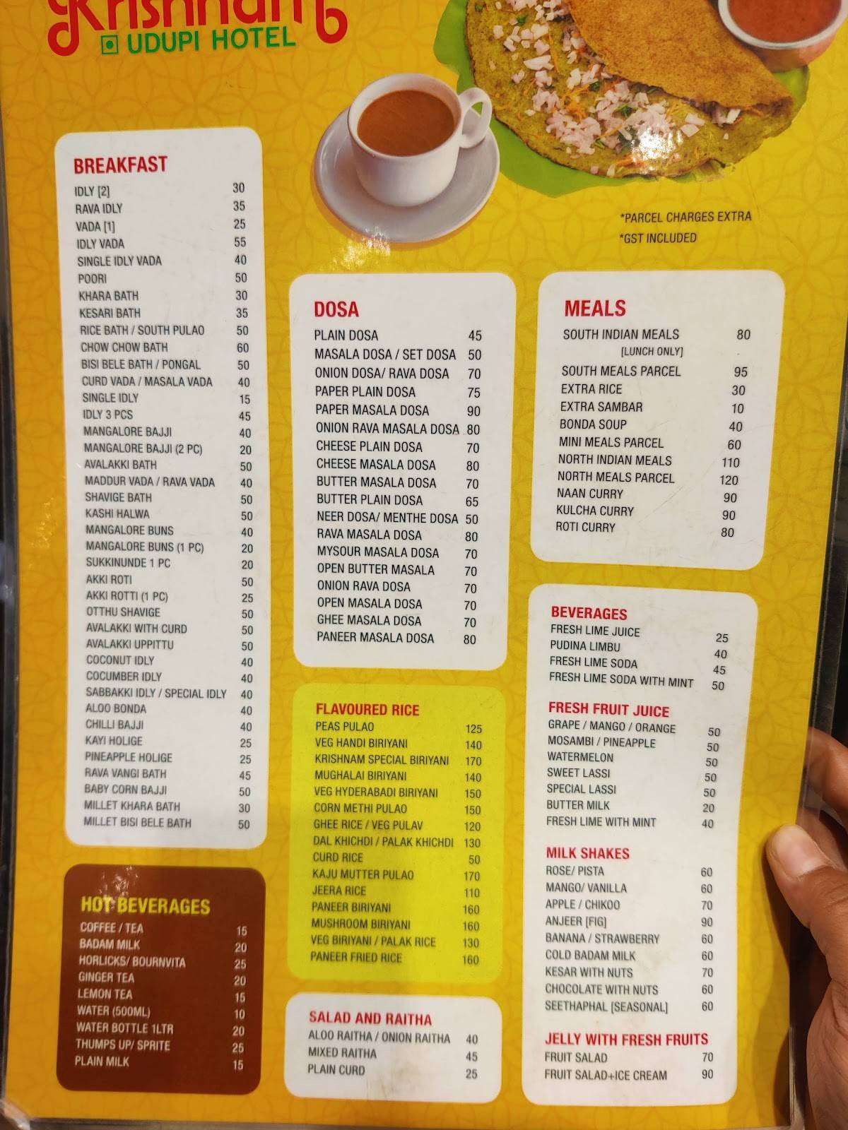 Menu at Krishnam Udupi Hotel, Bengaluru