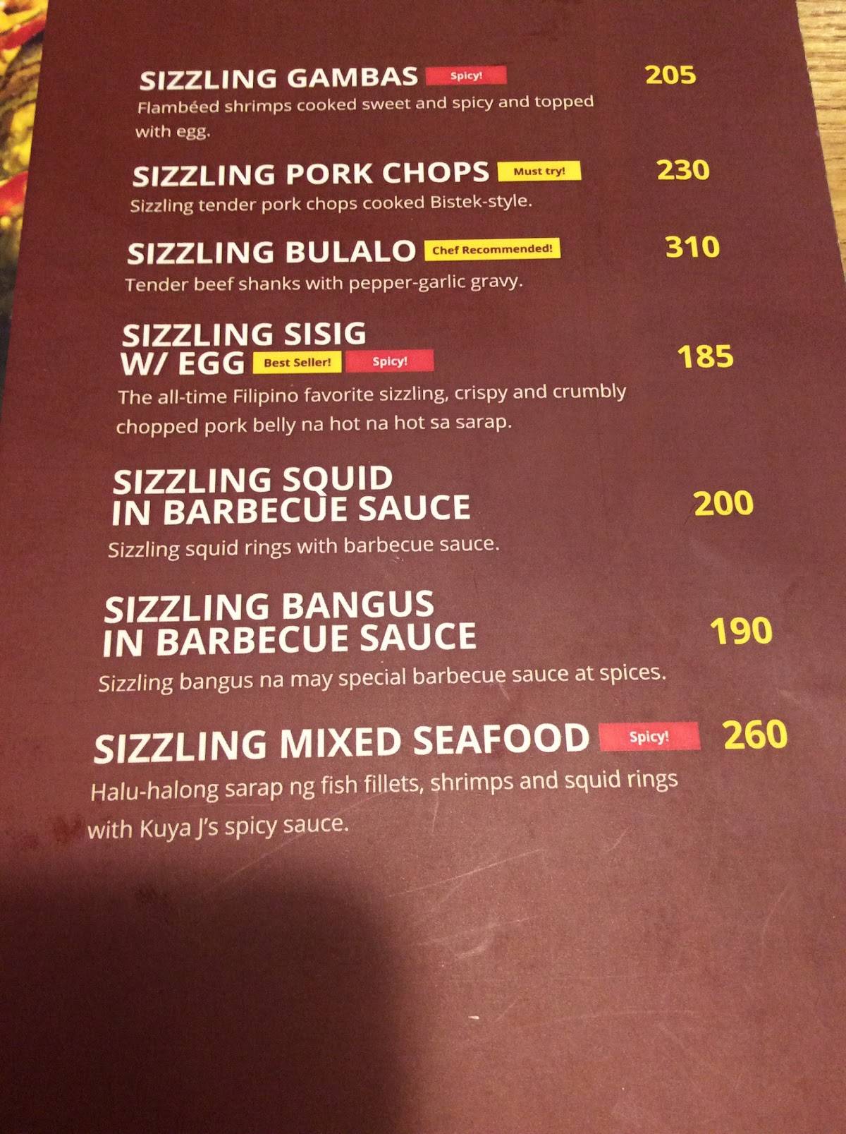 Menu at Kuya J Restaurant, Bacolod