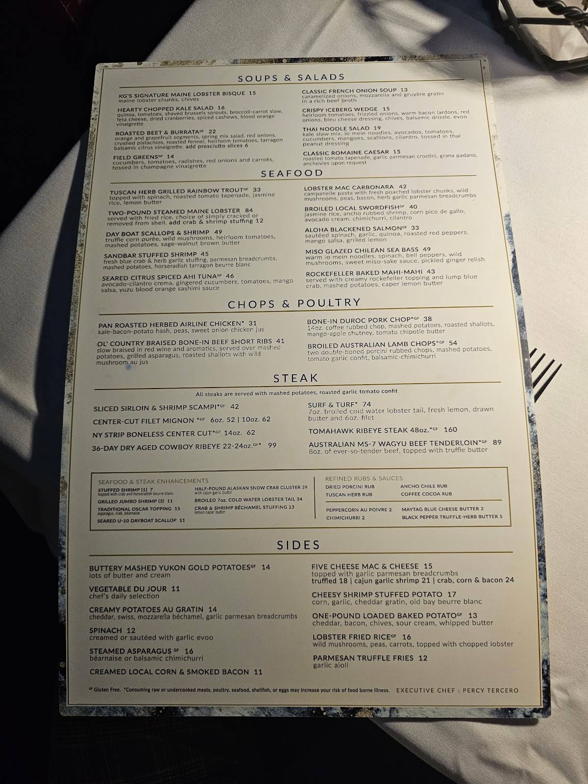 Menu at Kyle G's Prime Seafood & Steaks steakhouse, Jensen Beach