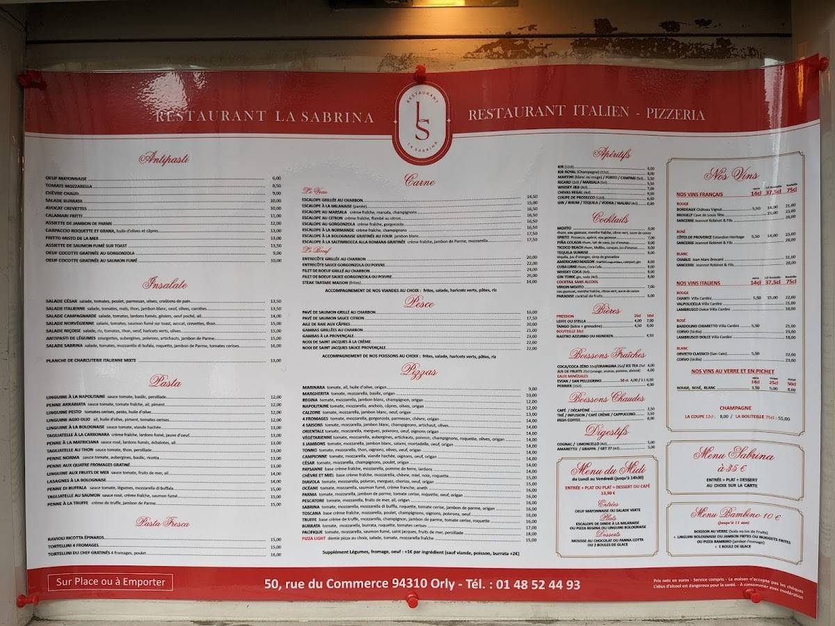 Menu au LA SABRINA restaurant, Orly