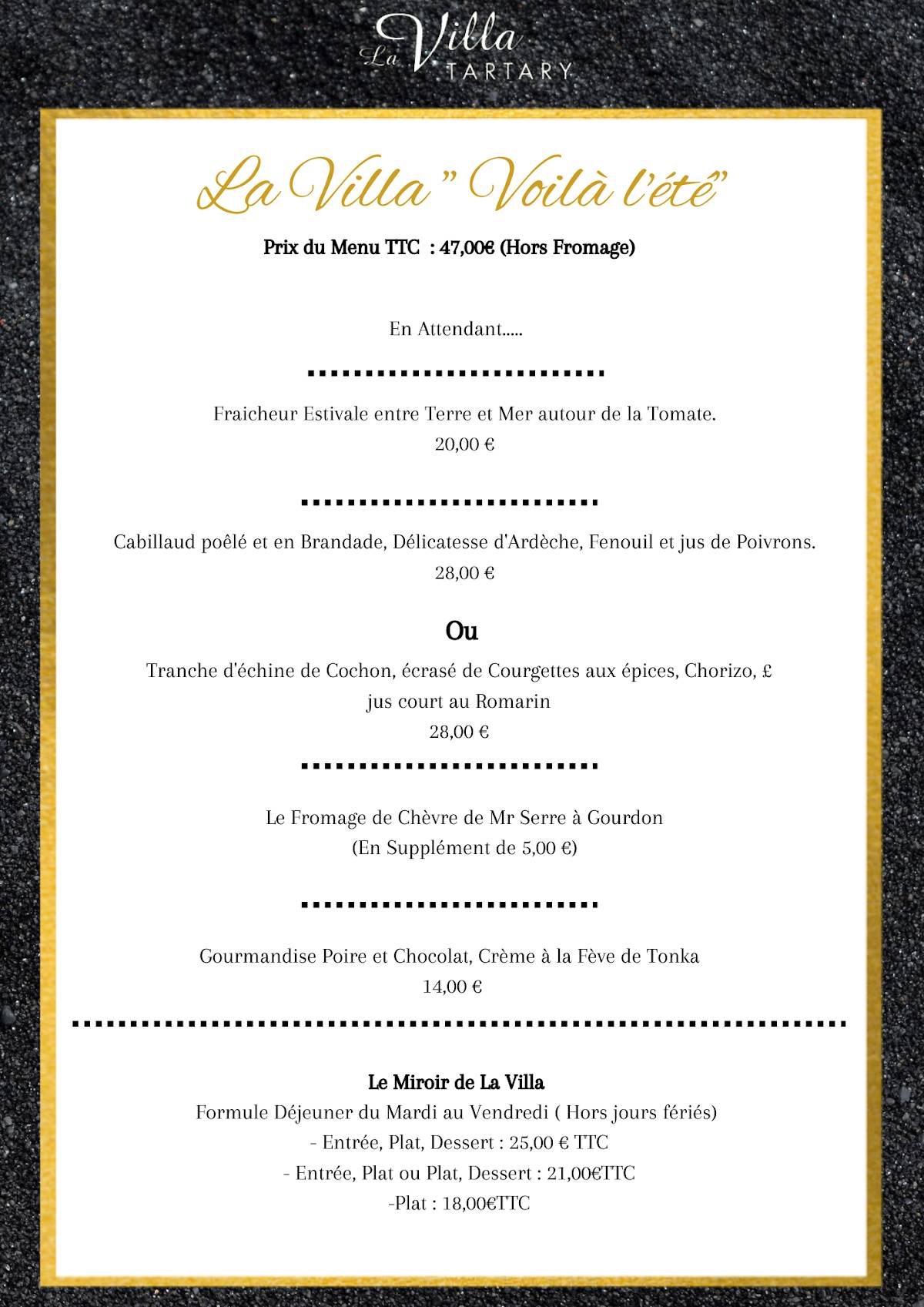 Menu au LA VILLA TARTARY restaurant, Aubenas