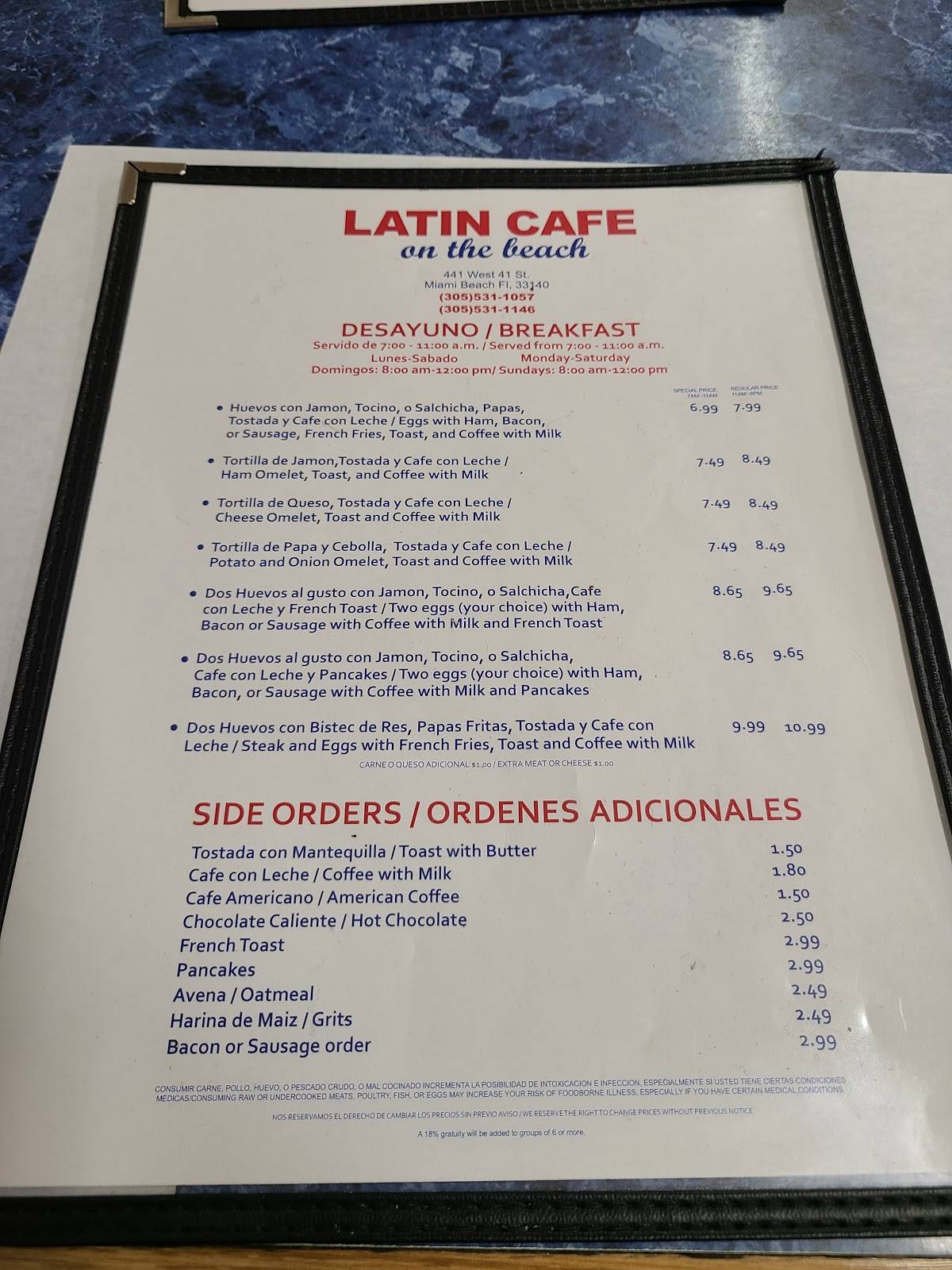 Menu at LATIN CAFÉ restaurant, Miami Beach, 441 41st St