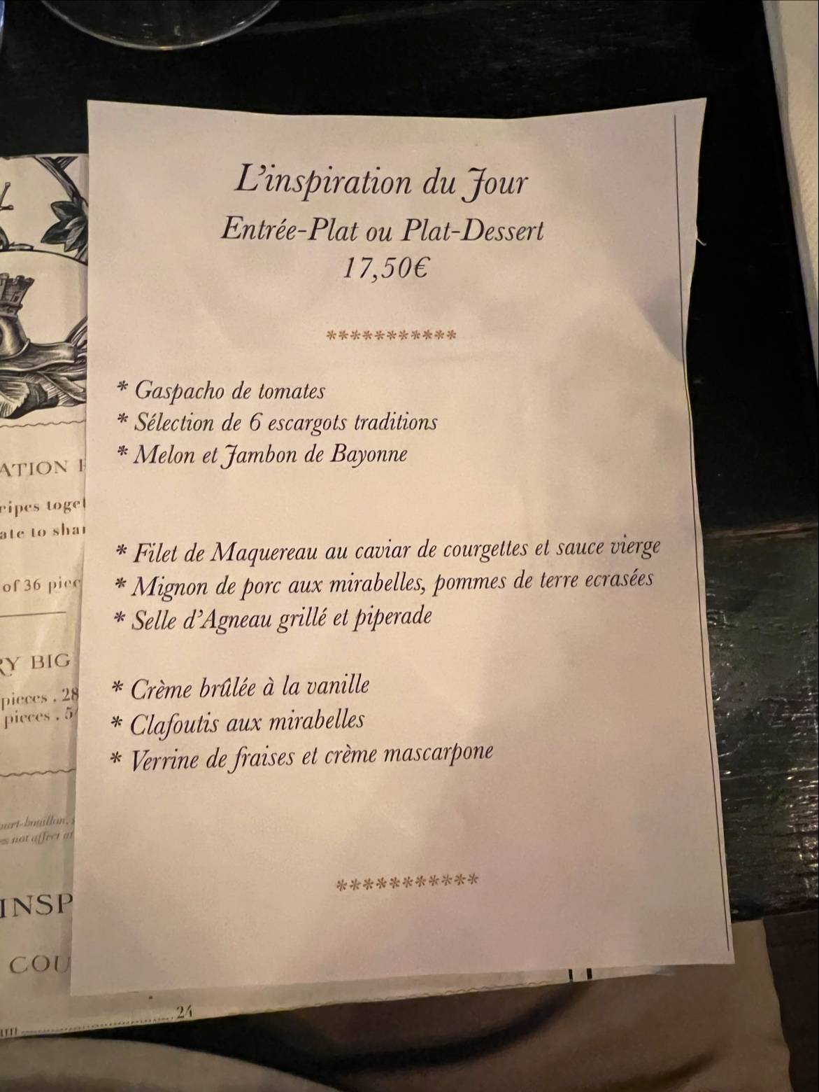 Menu at L'Escargot restaurant, Paris, 38 Rue Montorgueil