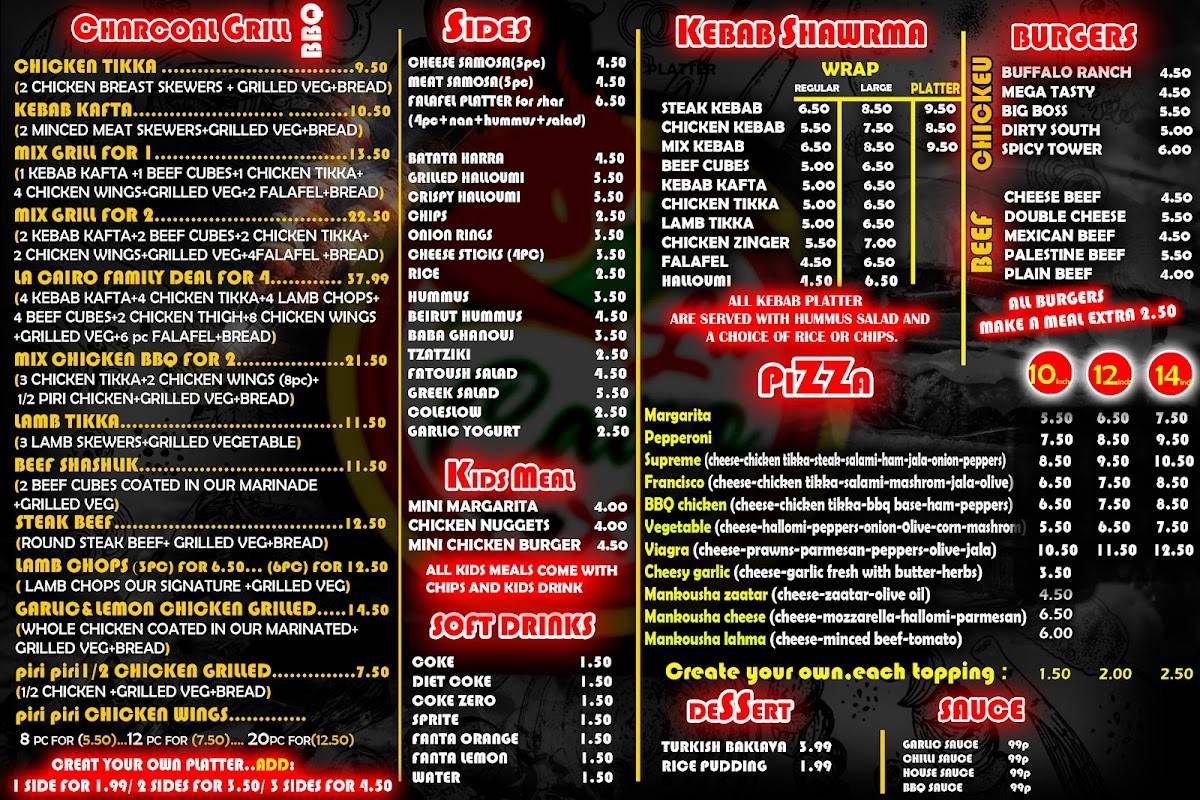 Menu at La Cairo restaurant, Belfast