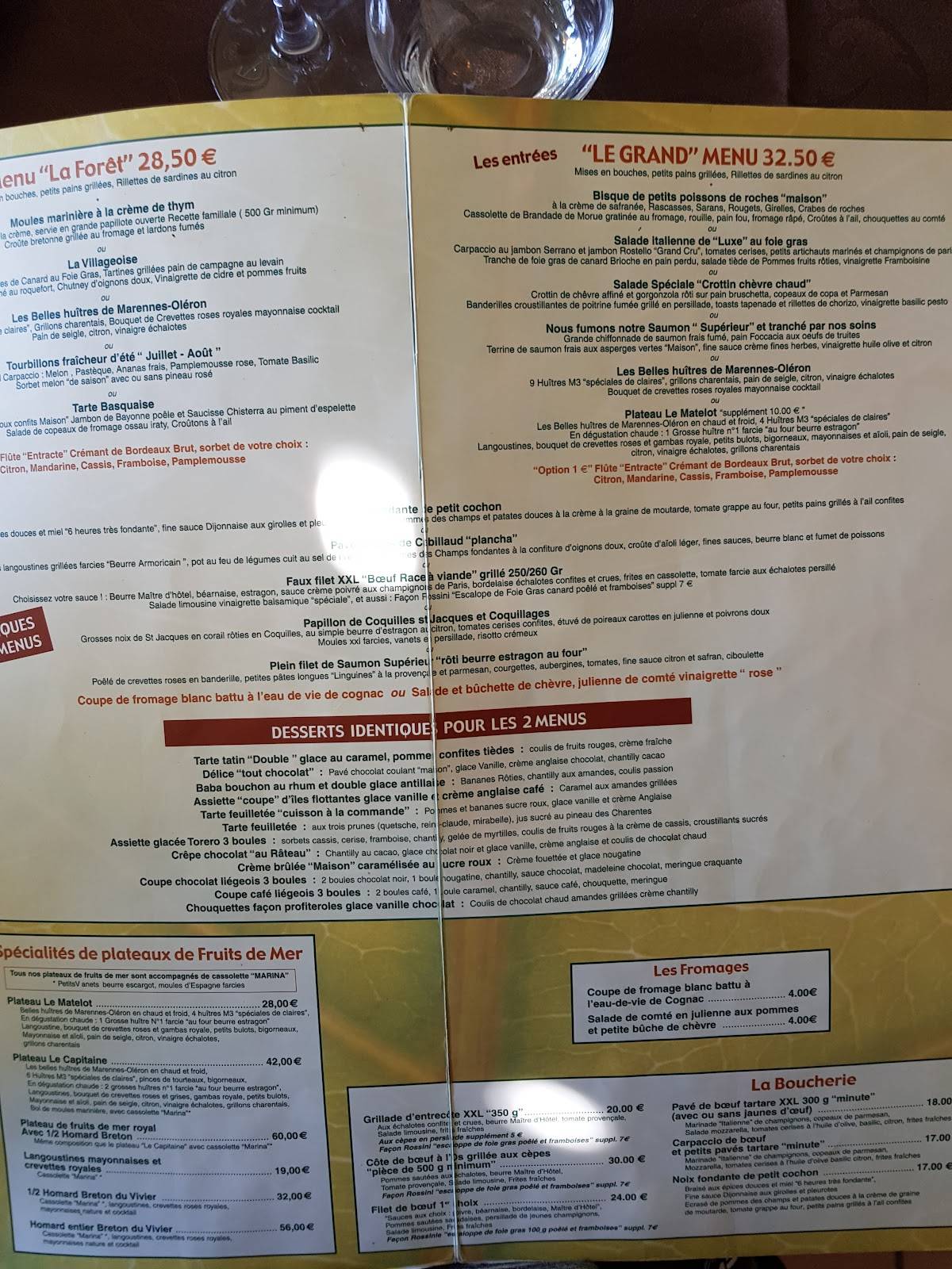 Menu au Restaurant La Forêt, Meschers-sur-Gironde