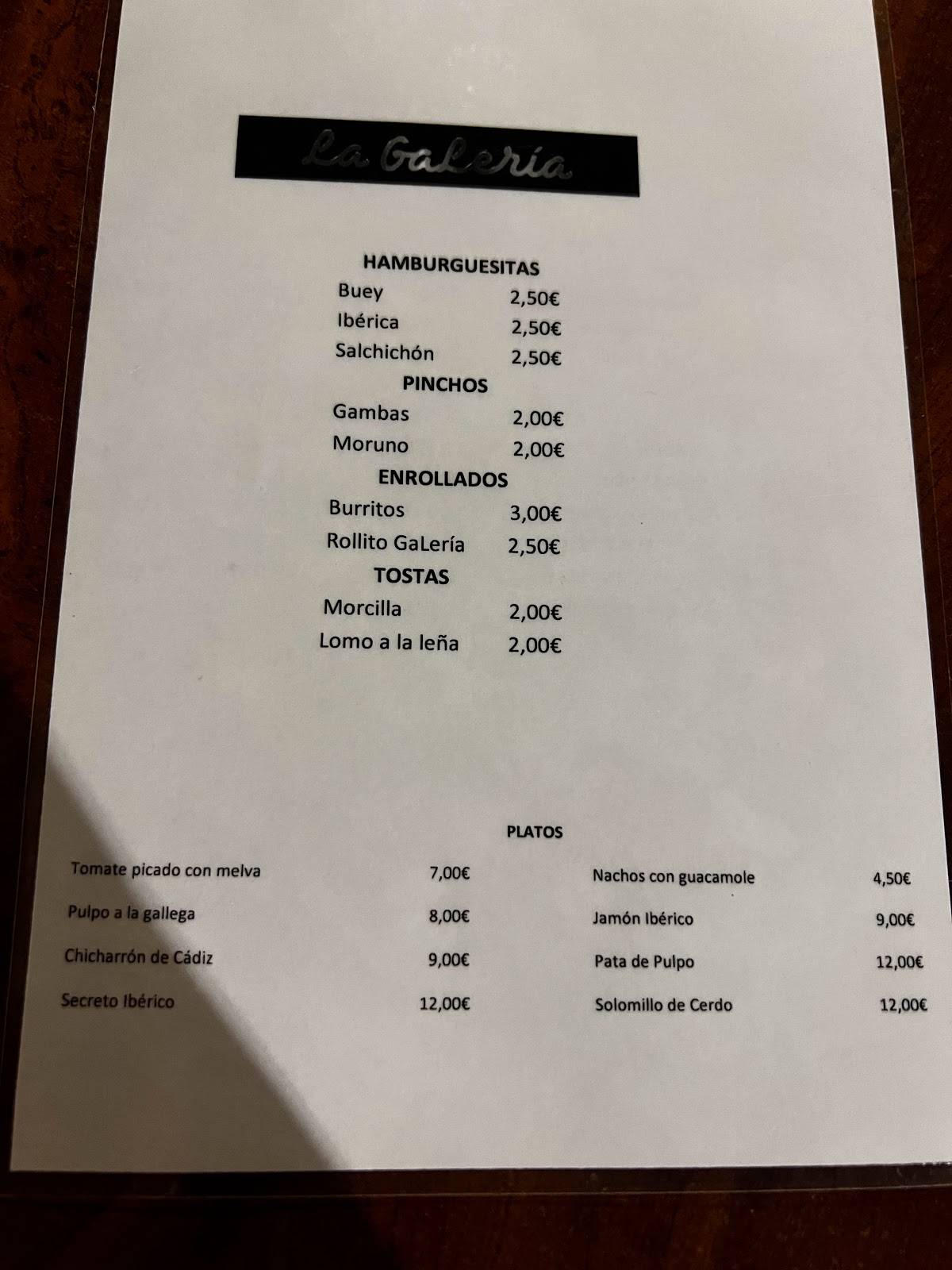 Menu at La Galería Bar, Álora