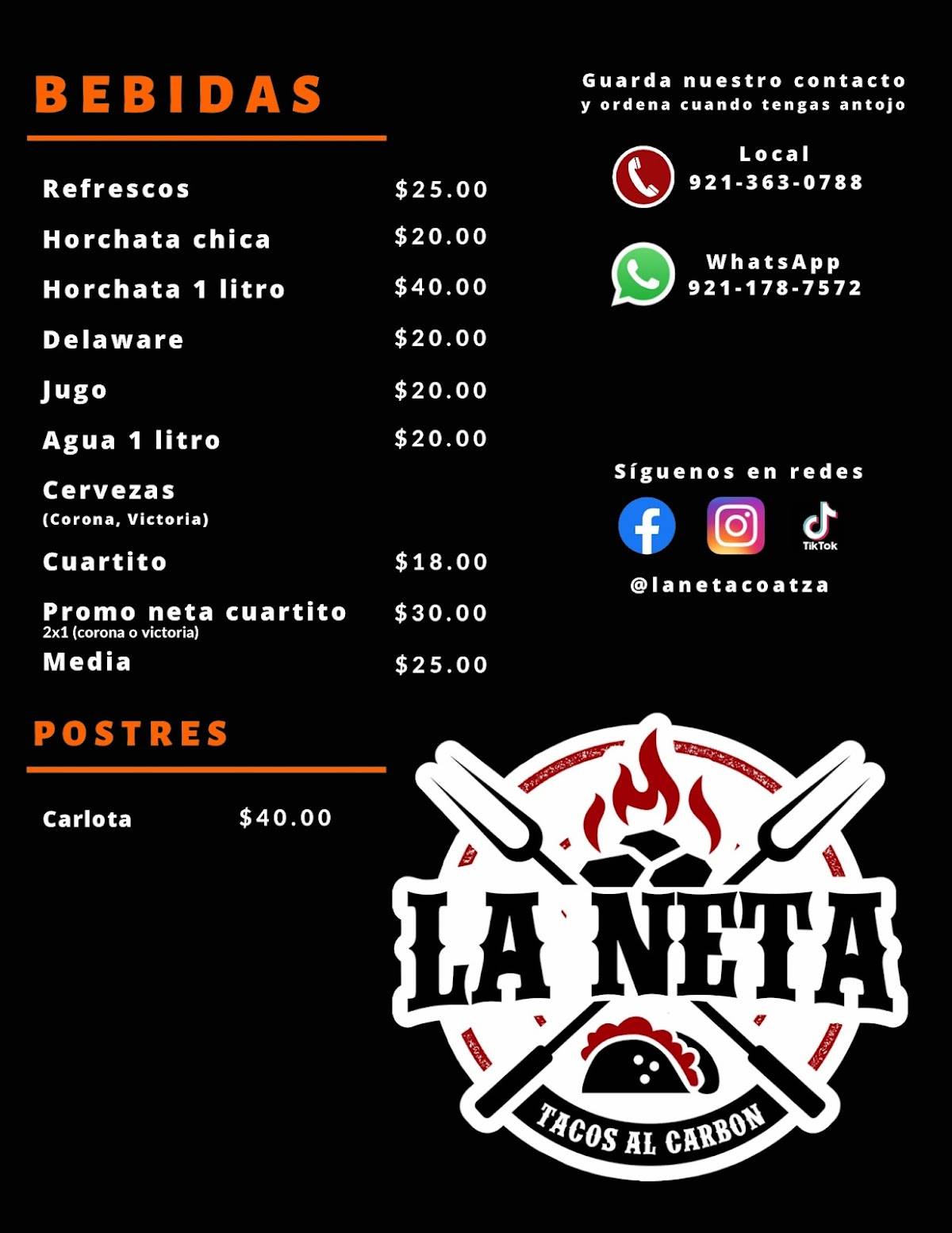 Carta del restaurante La Neta Tacos al Carbón, Coatzacoalcos