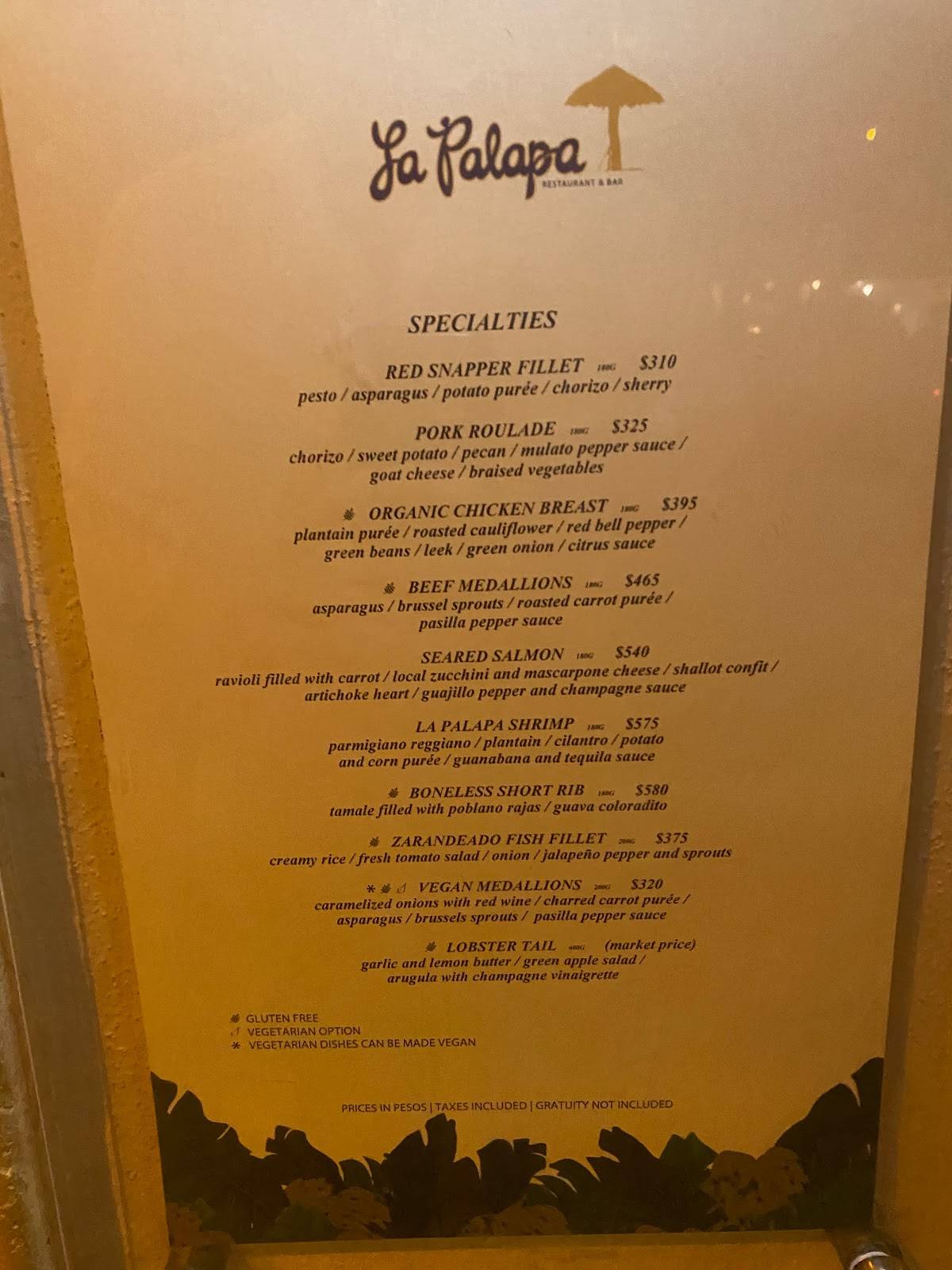Menu at La Palapa Restaurant, Puerto Vallarta, Púlpito 105-3