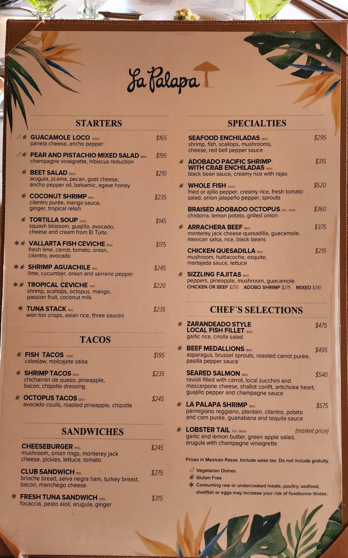 Menu at La Palapa Restaurant, Puerto Vallarta, Púlpito 105-3