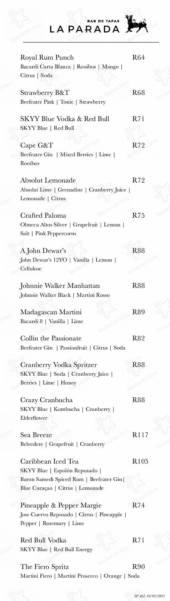 Menu at La Parada Waterfall Corner restaurant, Midrand, Cnr Waterfall ...