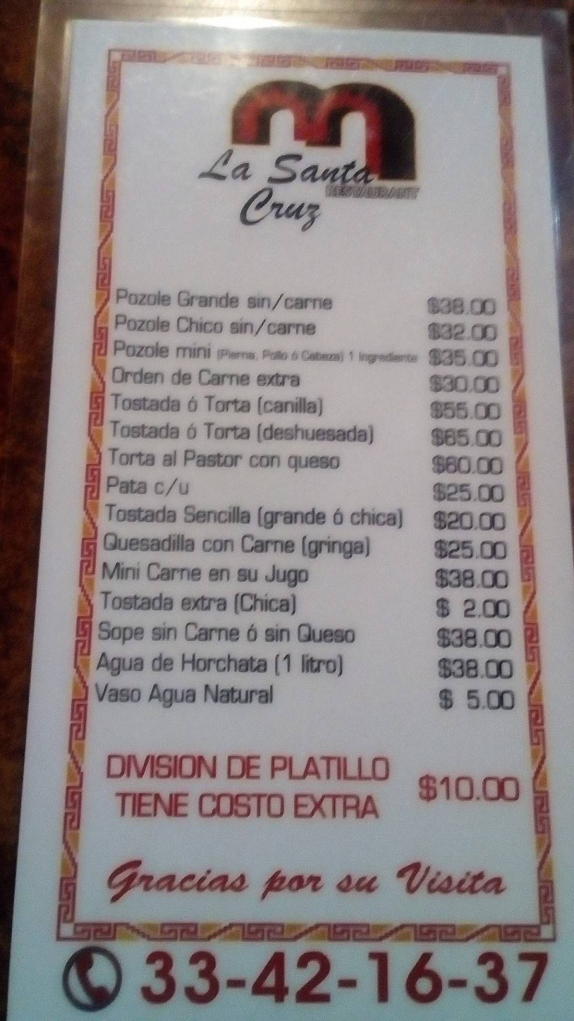 Carta del restaurante La Santa Cruz, Guadalajara, Av. Manuel Acuña 2406
