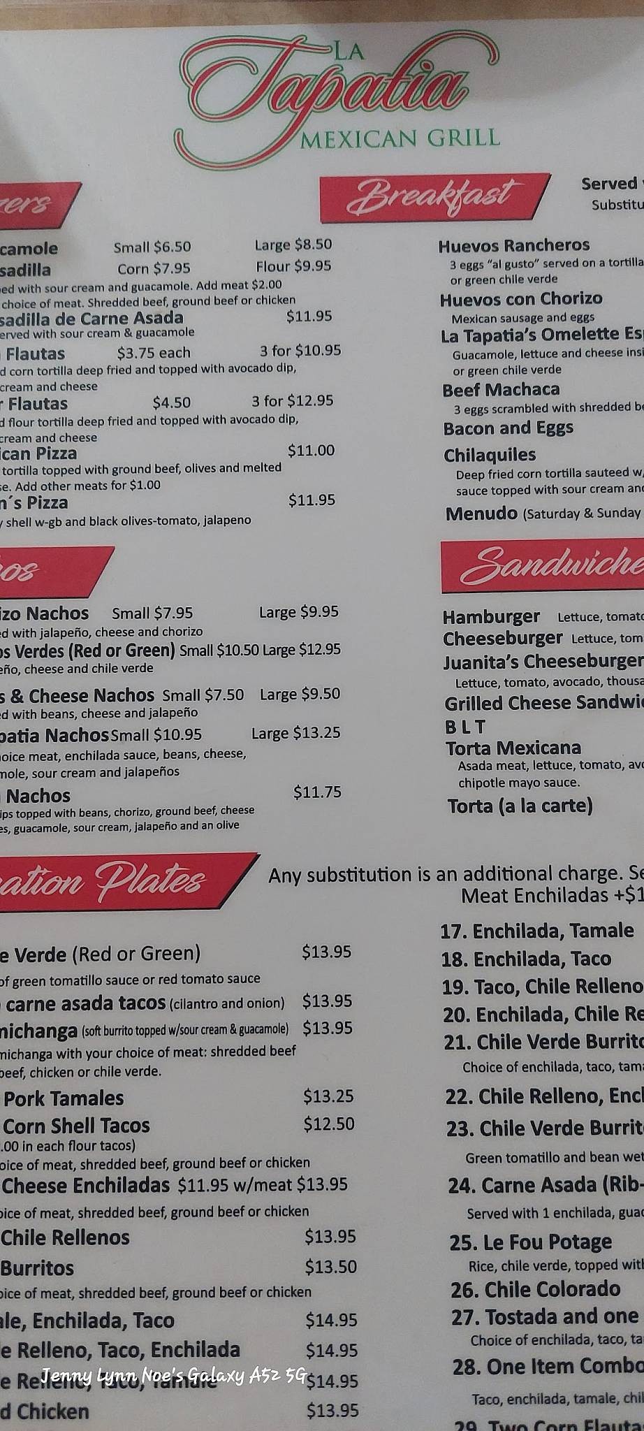 Menu at La Tapatia Mexican Grill restaurant, Bakersfield, N Chester Ave